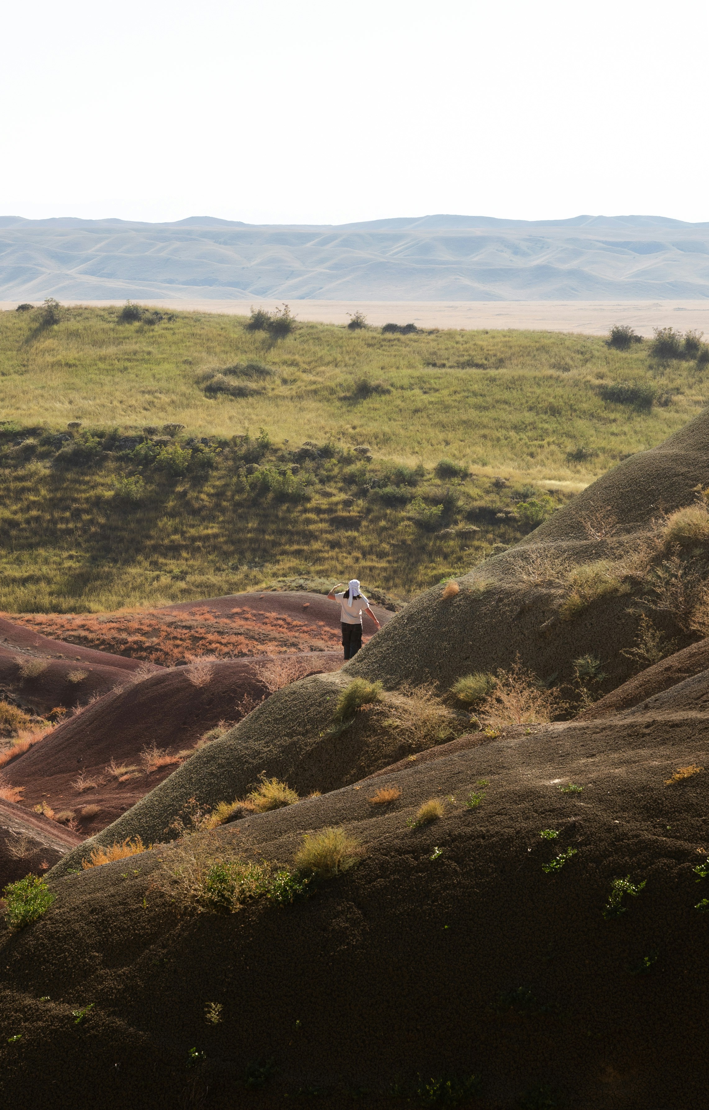 Person walking along vibrant, multicolored hills under a vast sky in Georgia's Caucasus region.