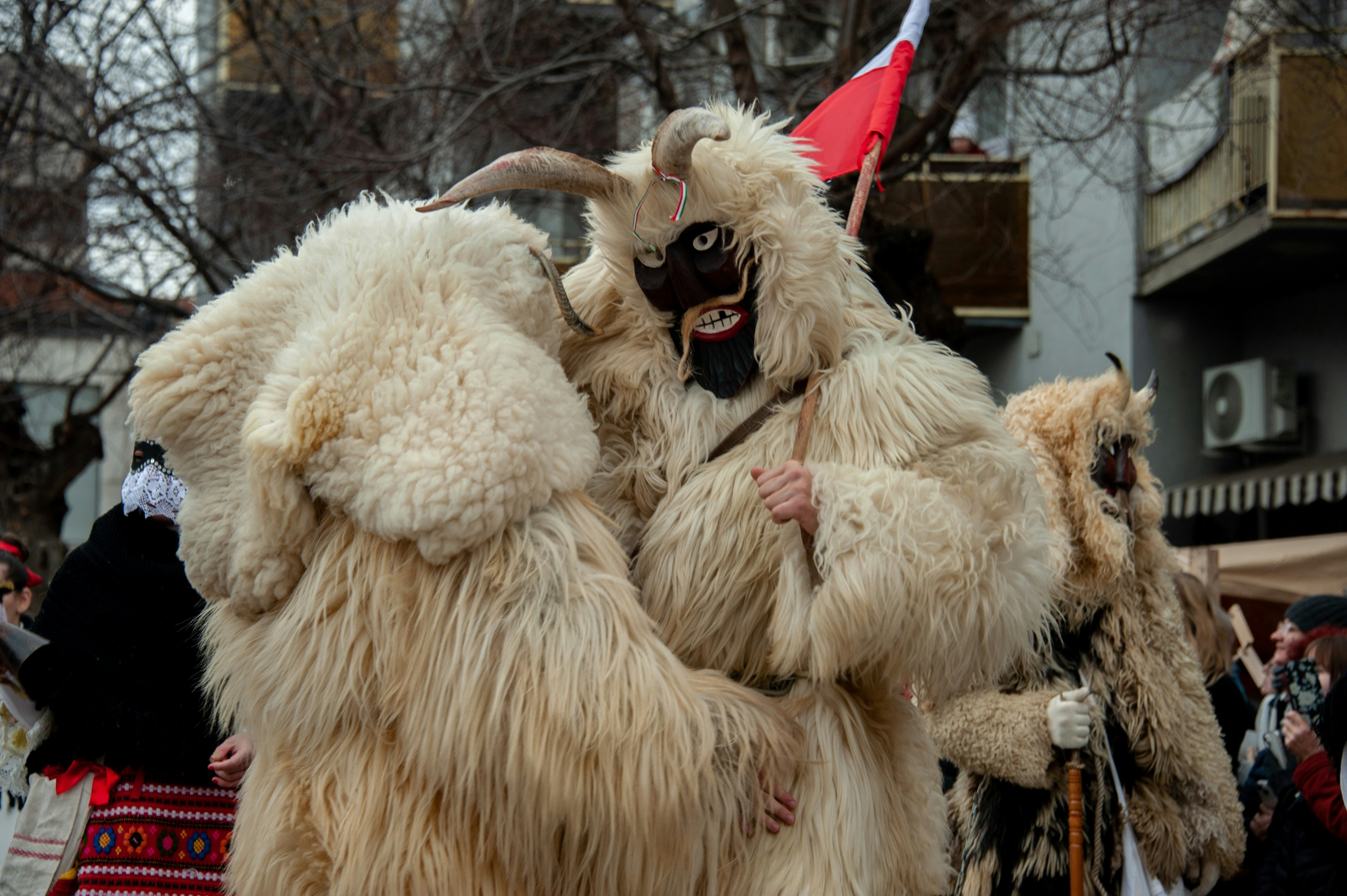Masked Dancers in Furry Regalia at a Street Celebration