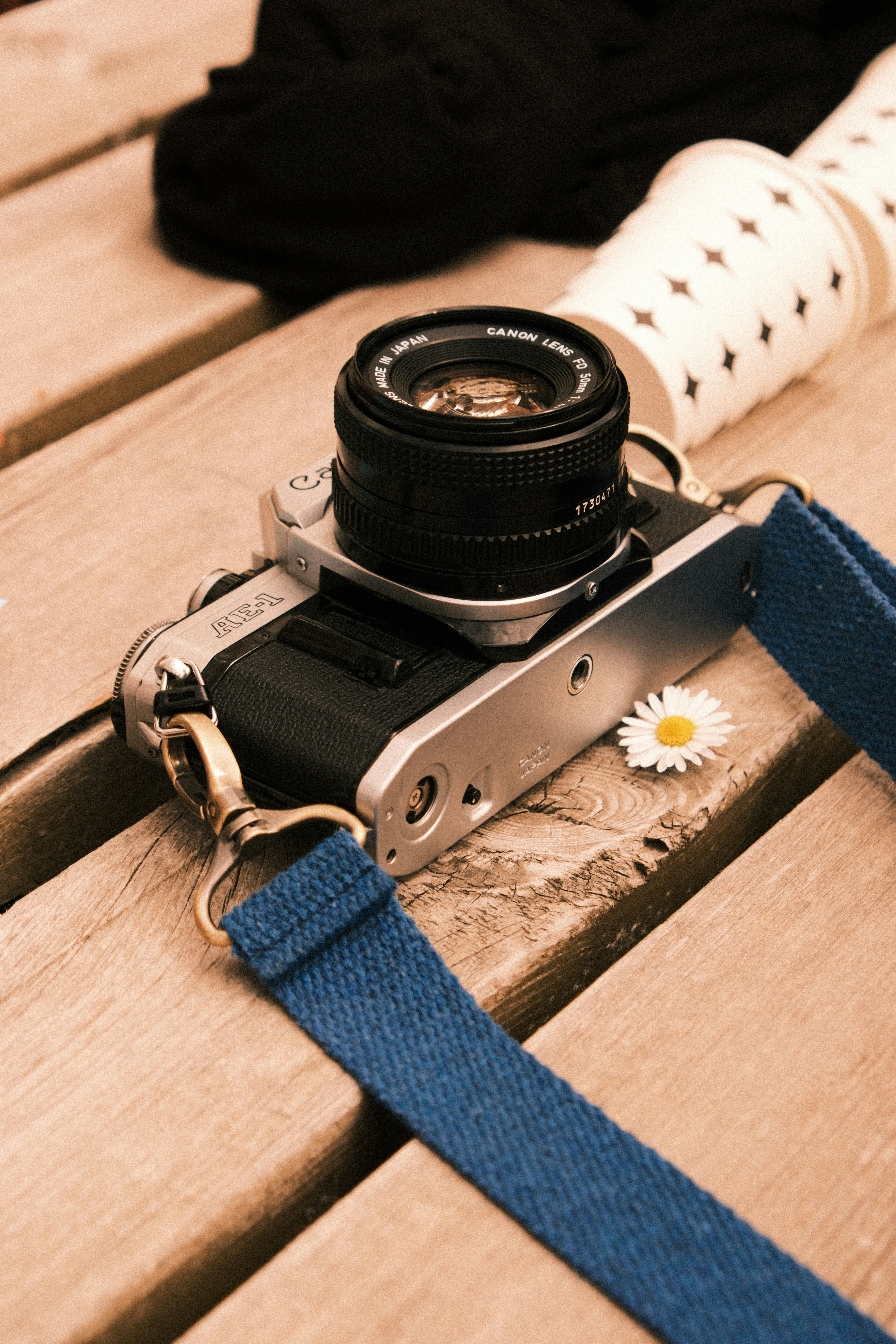Vintage camera on sunlit planks: blue strap, daisy, and starry backdrop