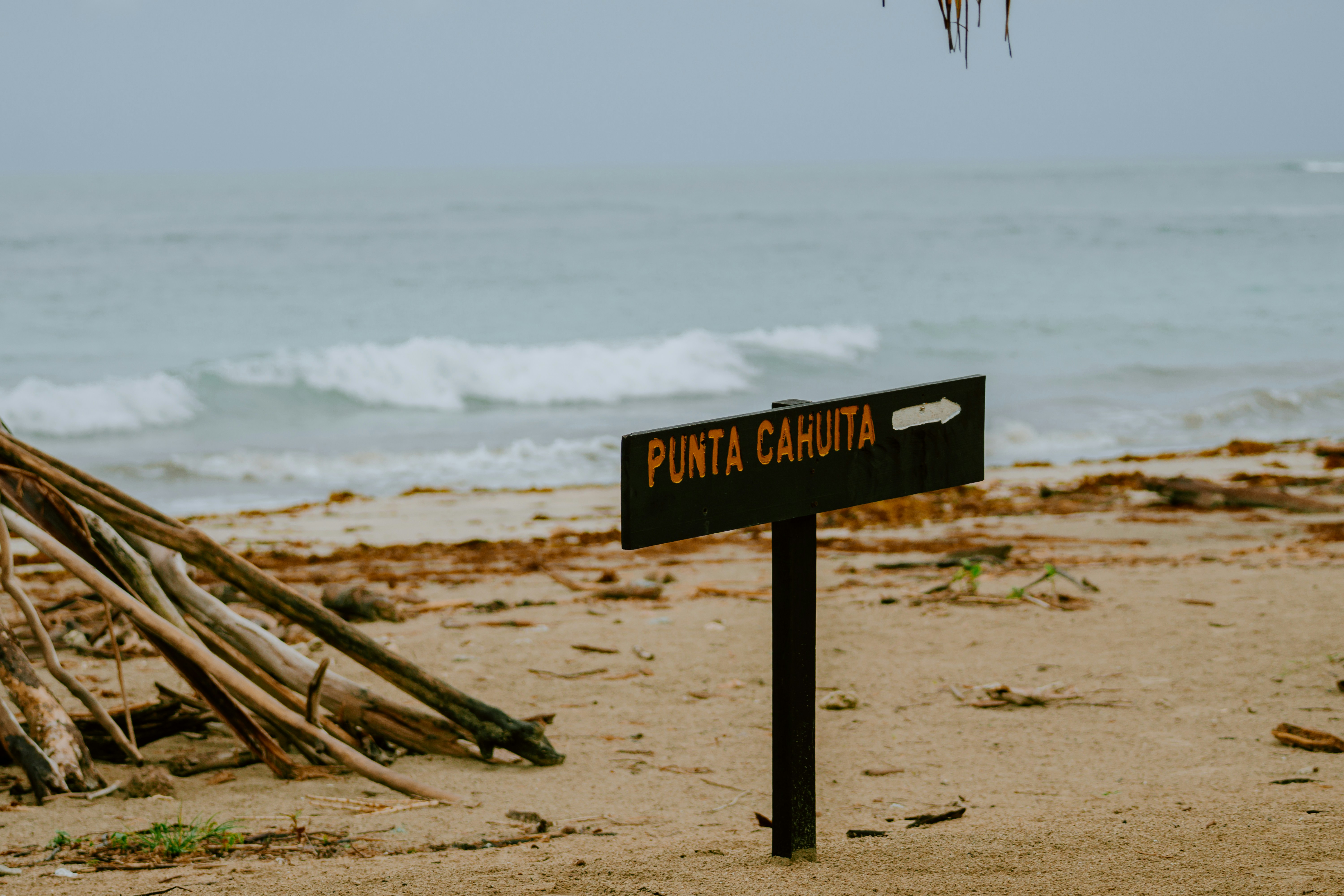 Weathered signpost on a quiet beach with gentle waves rolling onto the shore under a hazy sky.