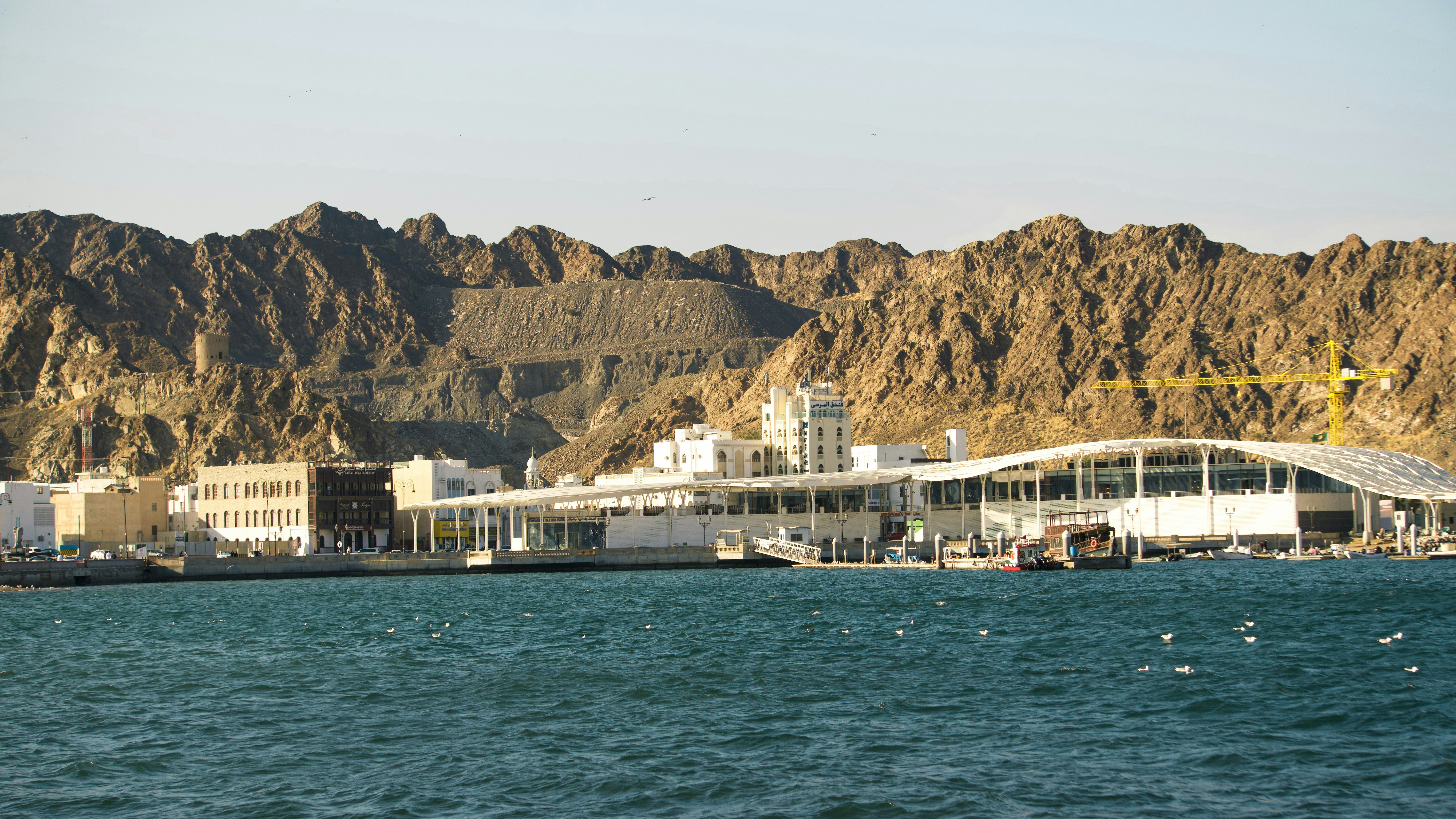 Curved Waterfront Pavilion Framed by a Sunlit Mountain Ridge
