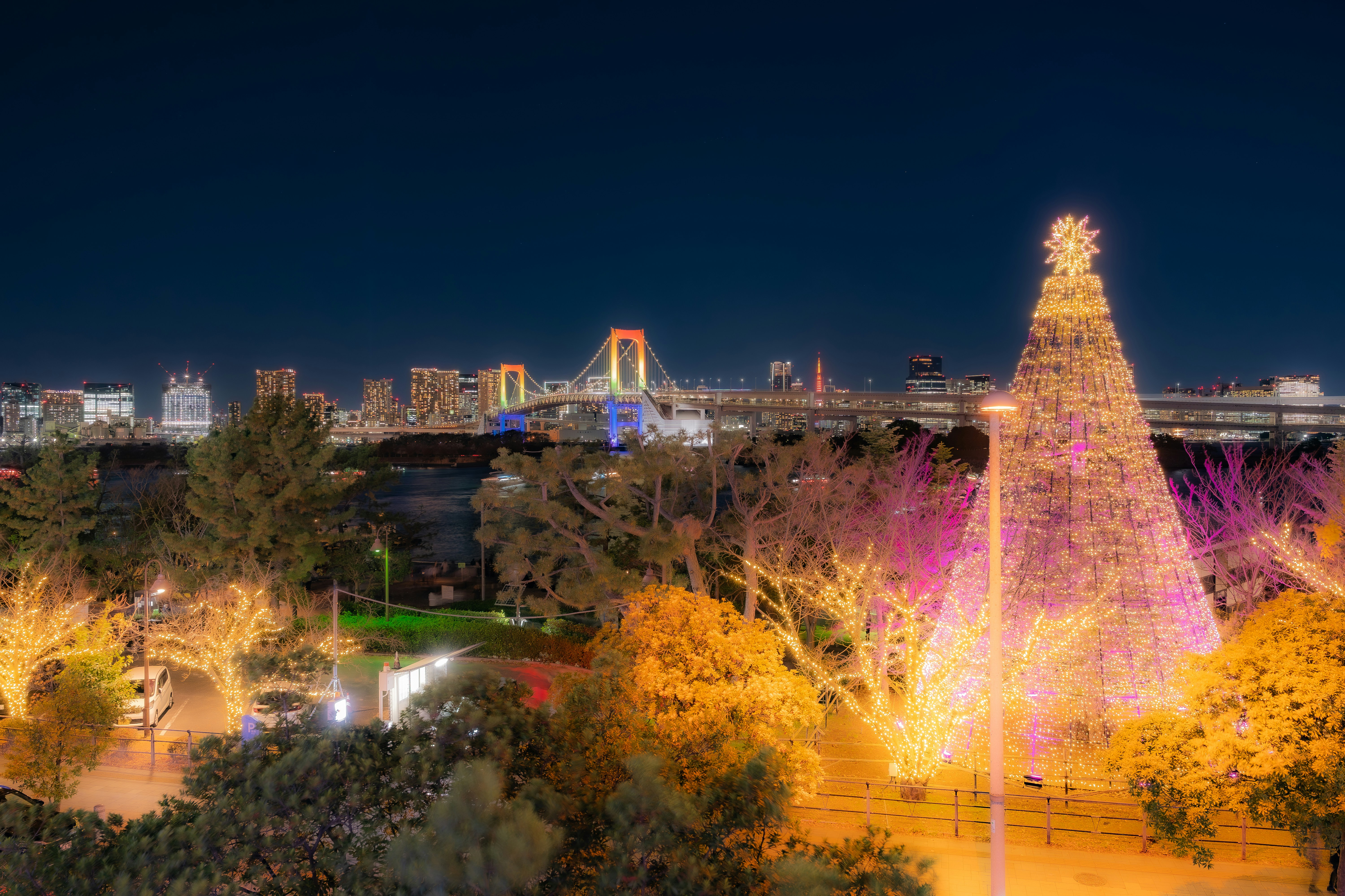 Vibrant Christmas tree lights and city skyline glow against a night sky.
