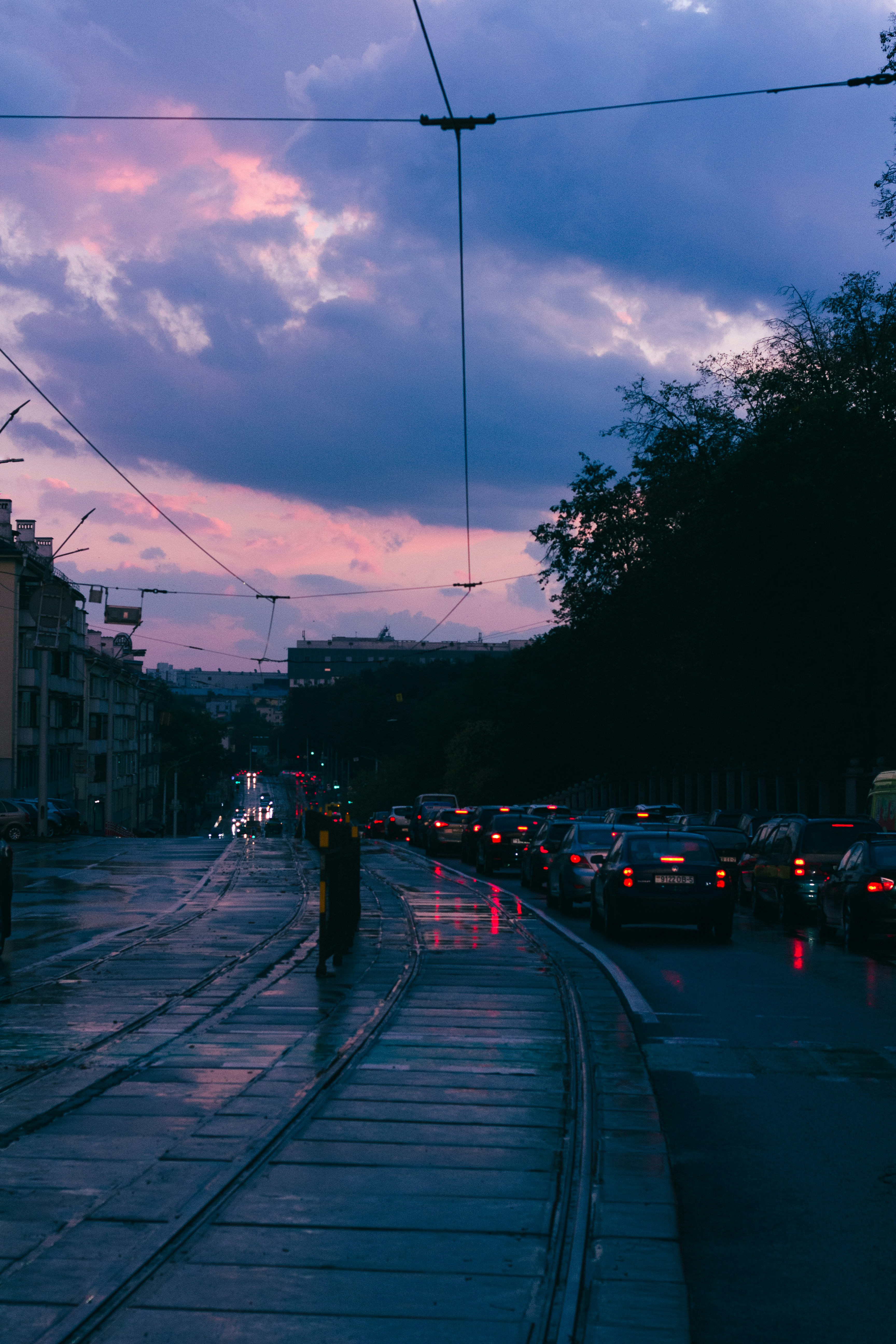Dusk on Wet Tram Tracks: Neon Reflections and Quiet Traffic