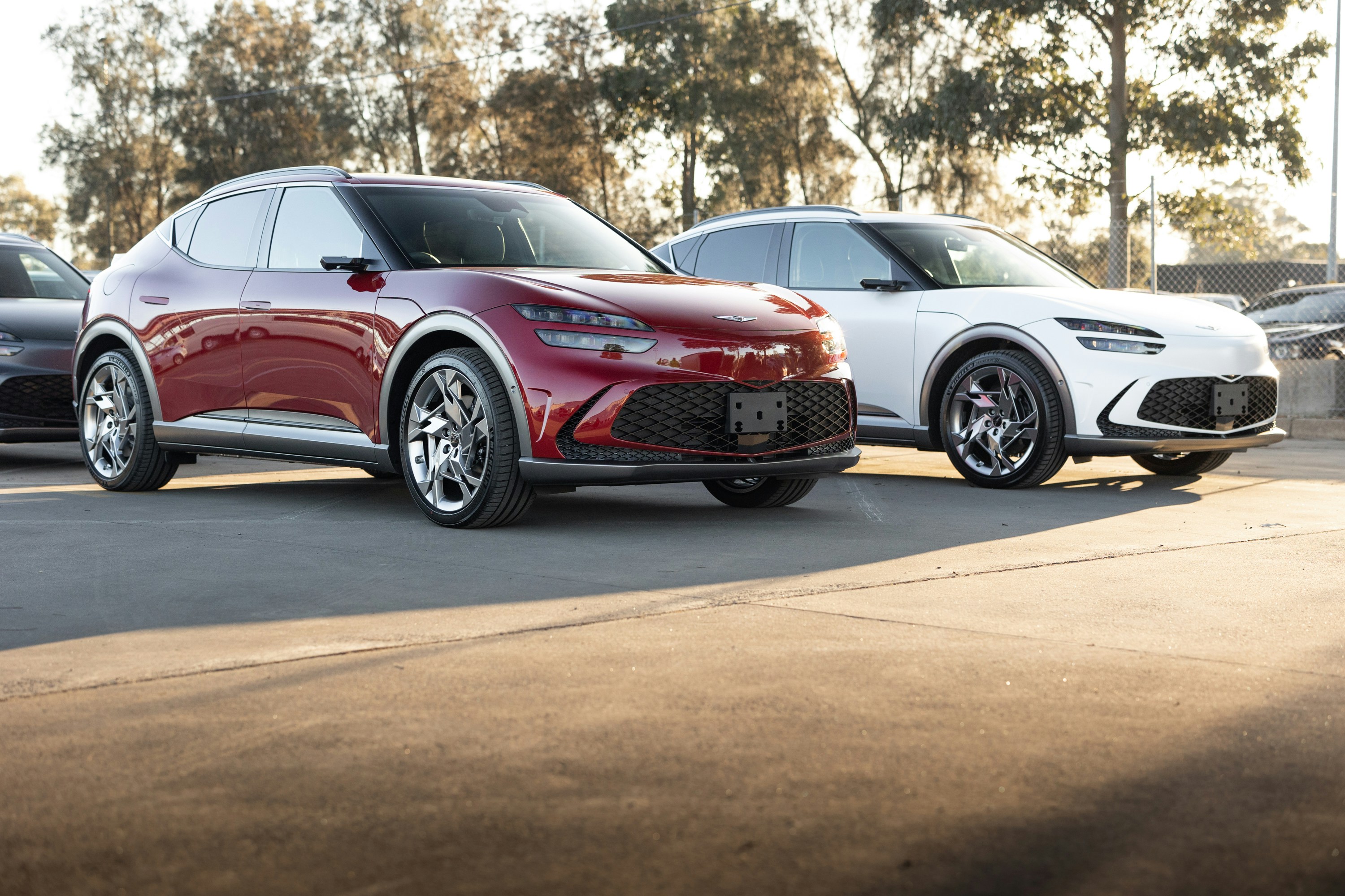 Two sleek cars parked side by side in a sunlit area with trees in the background.