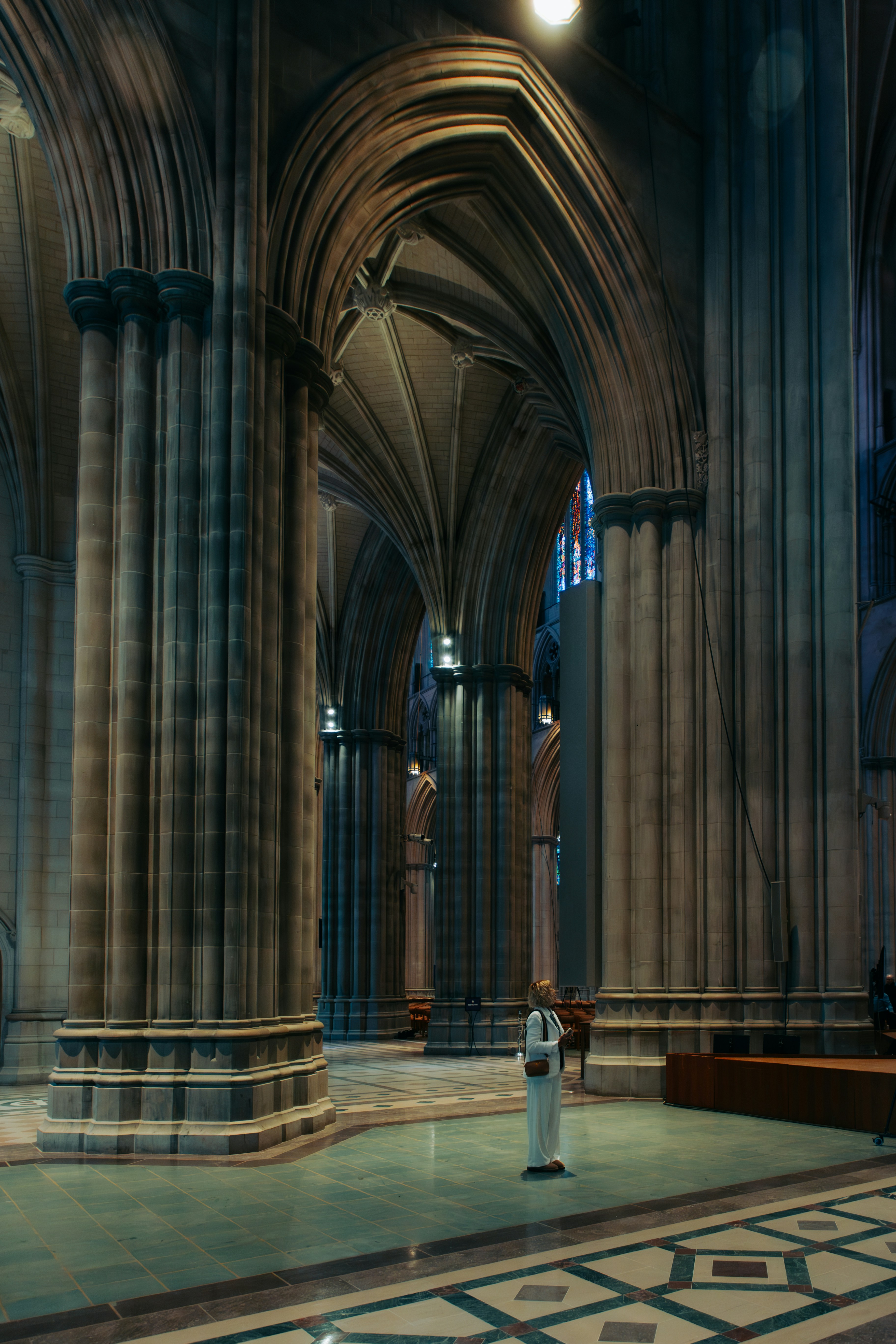 Gothic cathedral interior with towering columns and vaulted arches under soft lighting.
