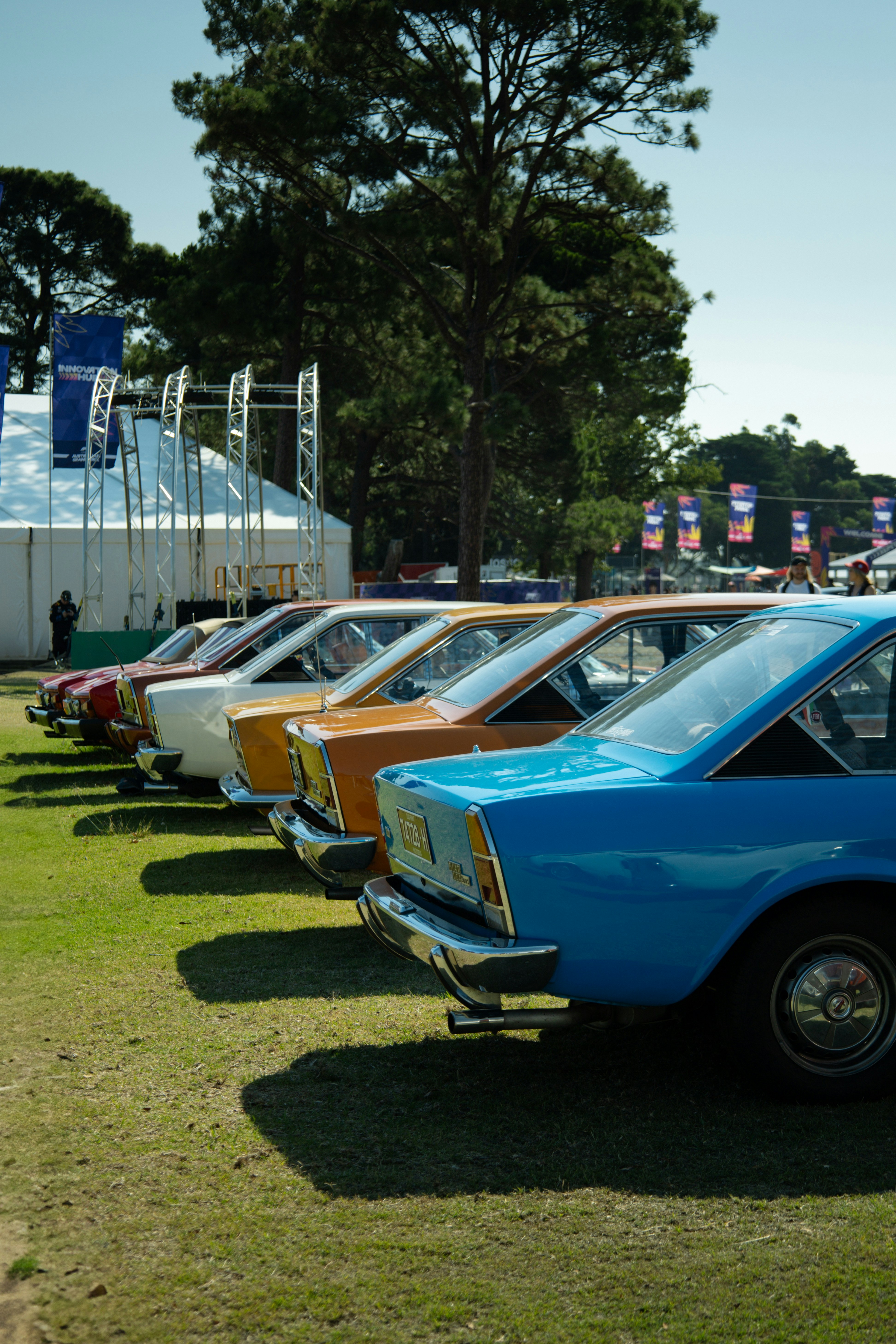 Blue Lineup: A Sunlit Row of Classic Coupes at an Outdoor Car Meet