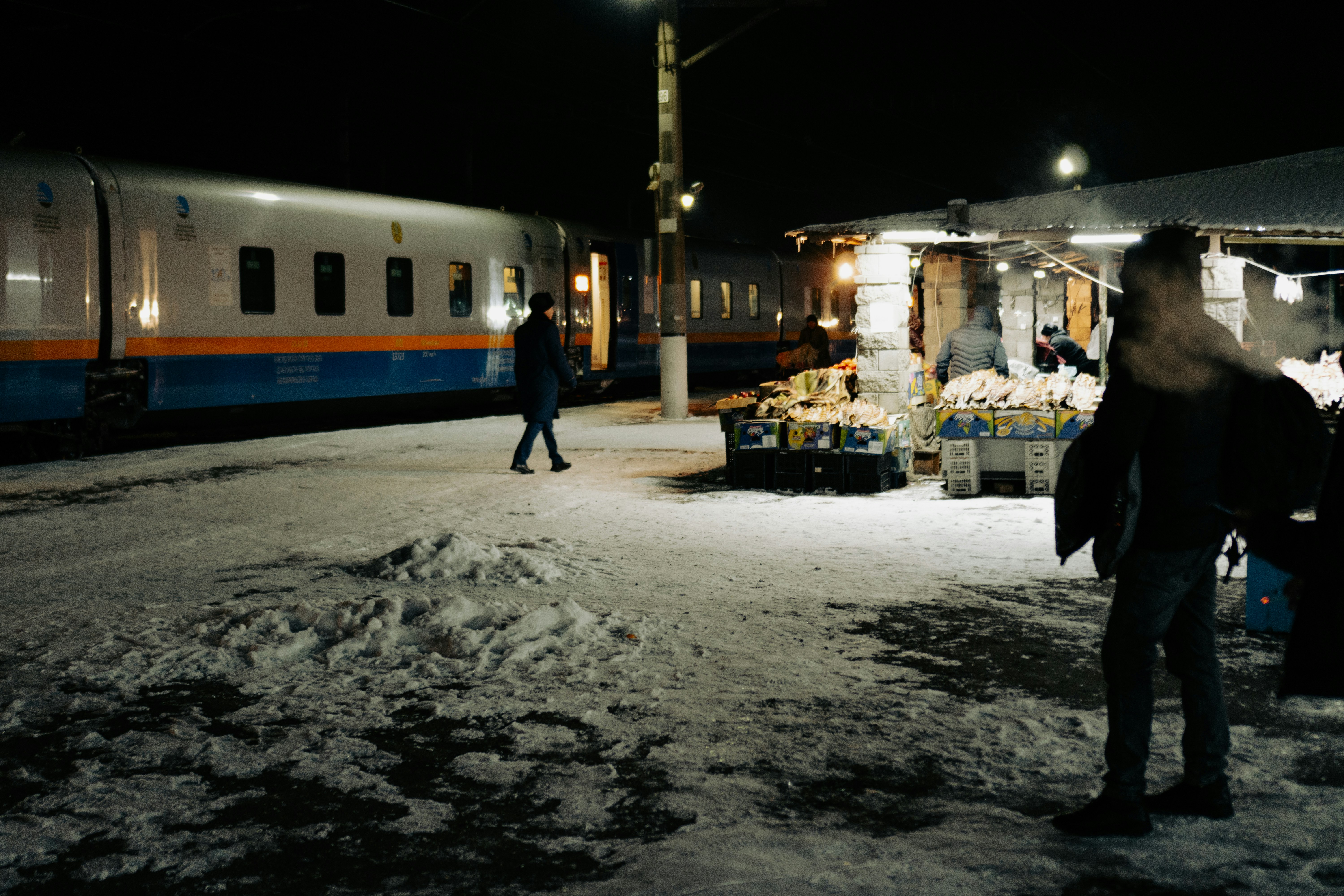 Train station at night with a vendor's market illuminated by soft light, contrasting the snowy ground. Figures move through the scene, capturing a moment of urban life.