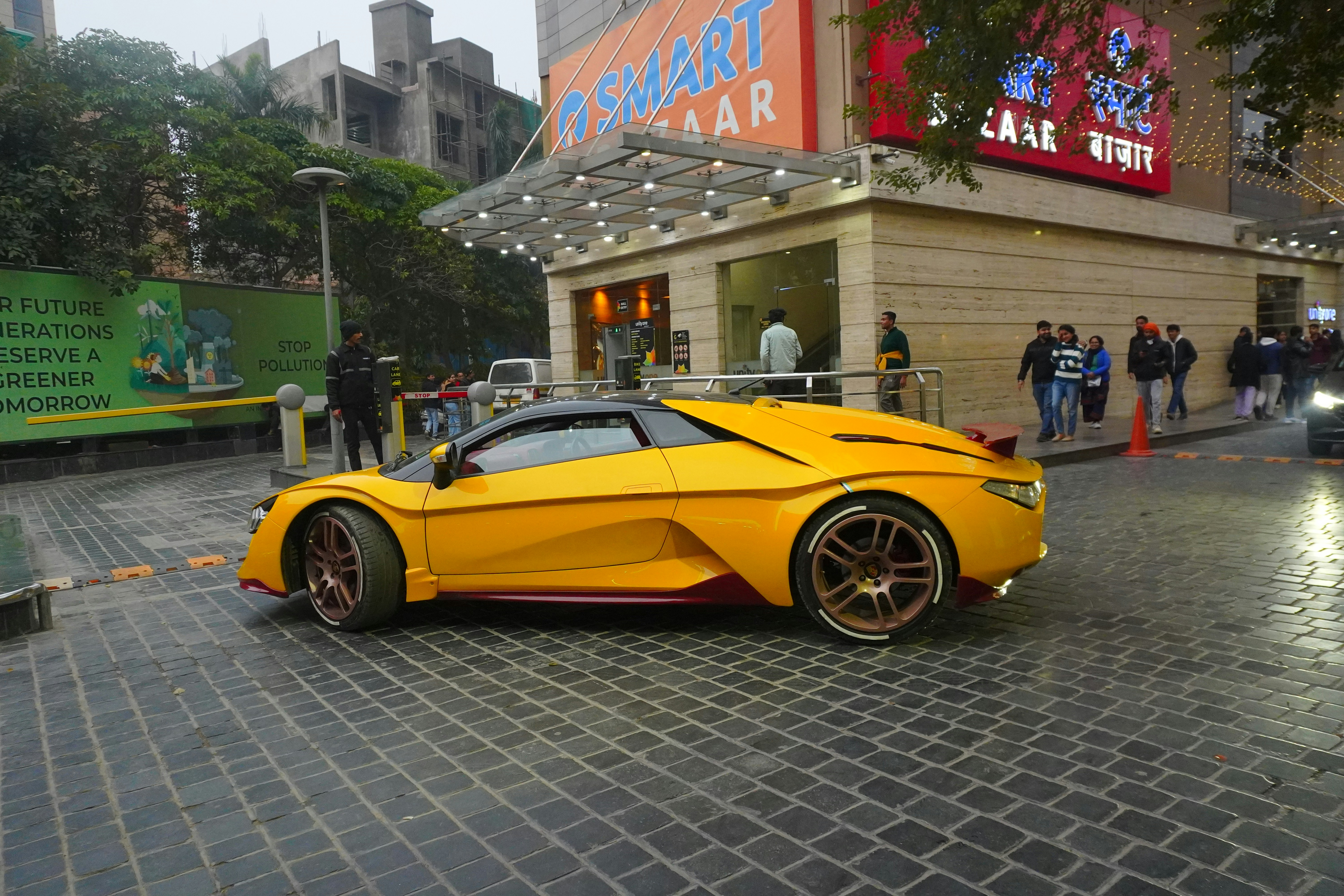 Sunlit Ember on Wet Cobblestones: A Yellow Hypercar Commands the City Street