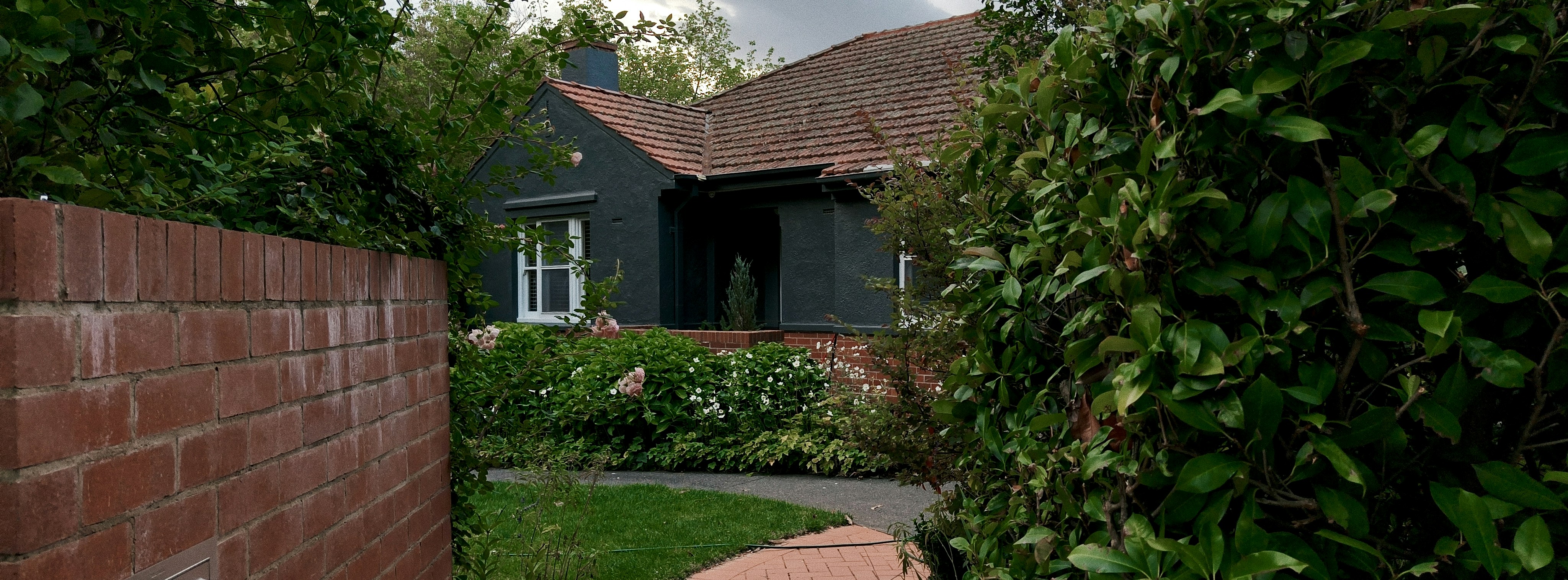 Brick Path to a Shadowed Entrance: A Quiet Suburban Scene