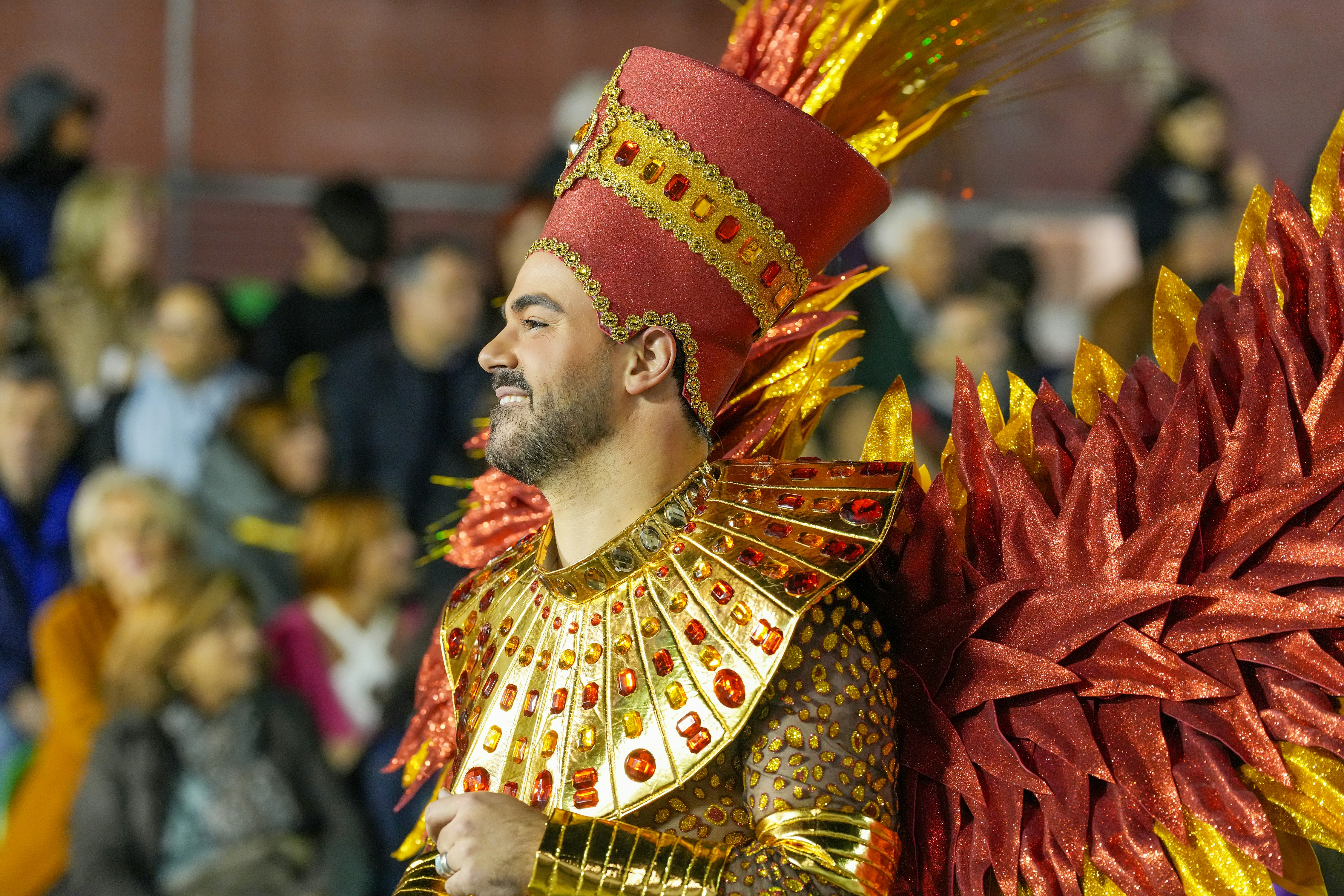 Regal Carnival Dancer: Gold Plumage and Crimson Headdress