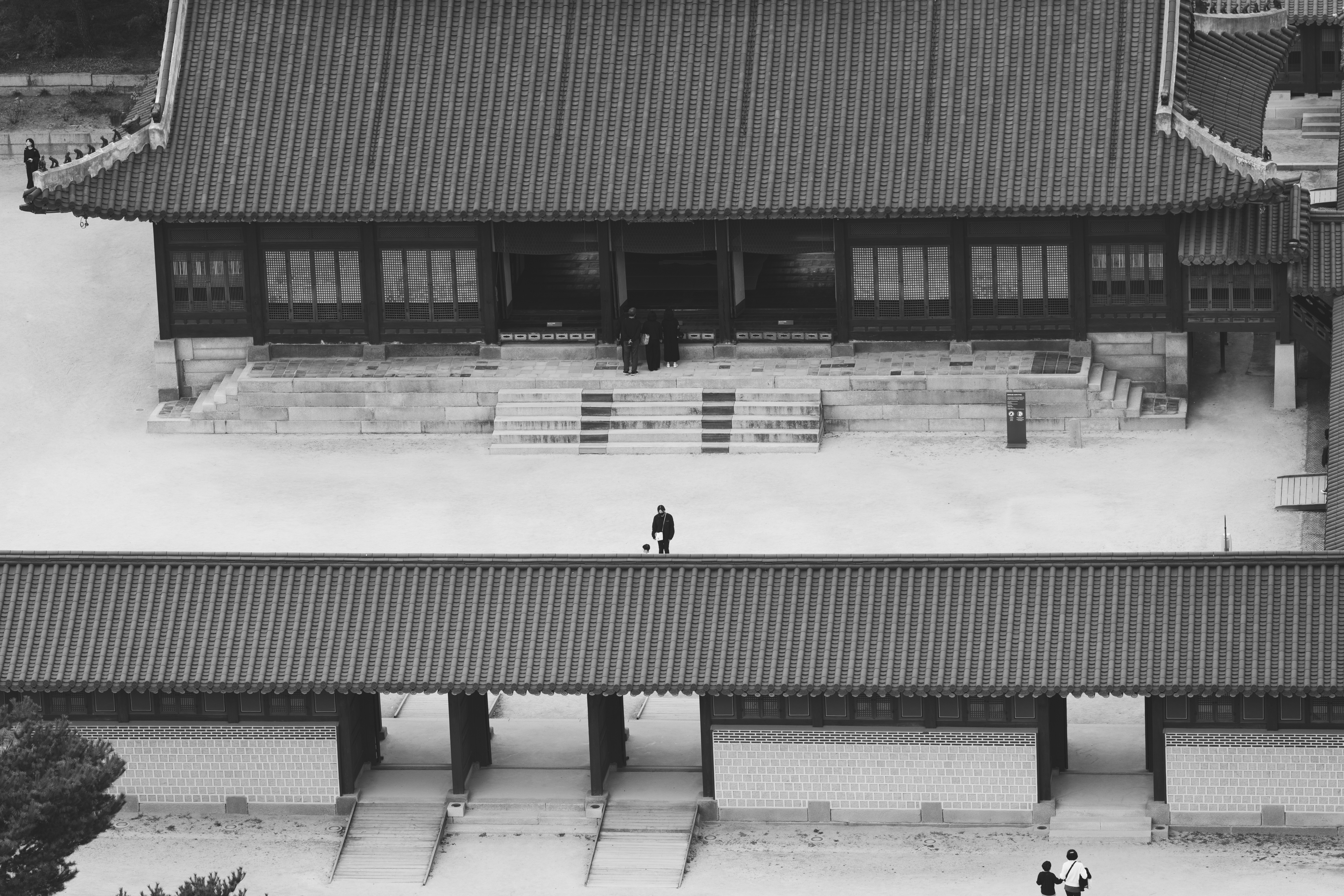 Figure walking through a snow-laden courtyard in front of a traditional building with a tiled roof.