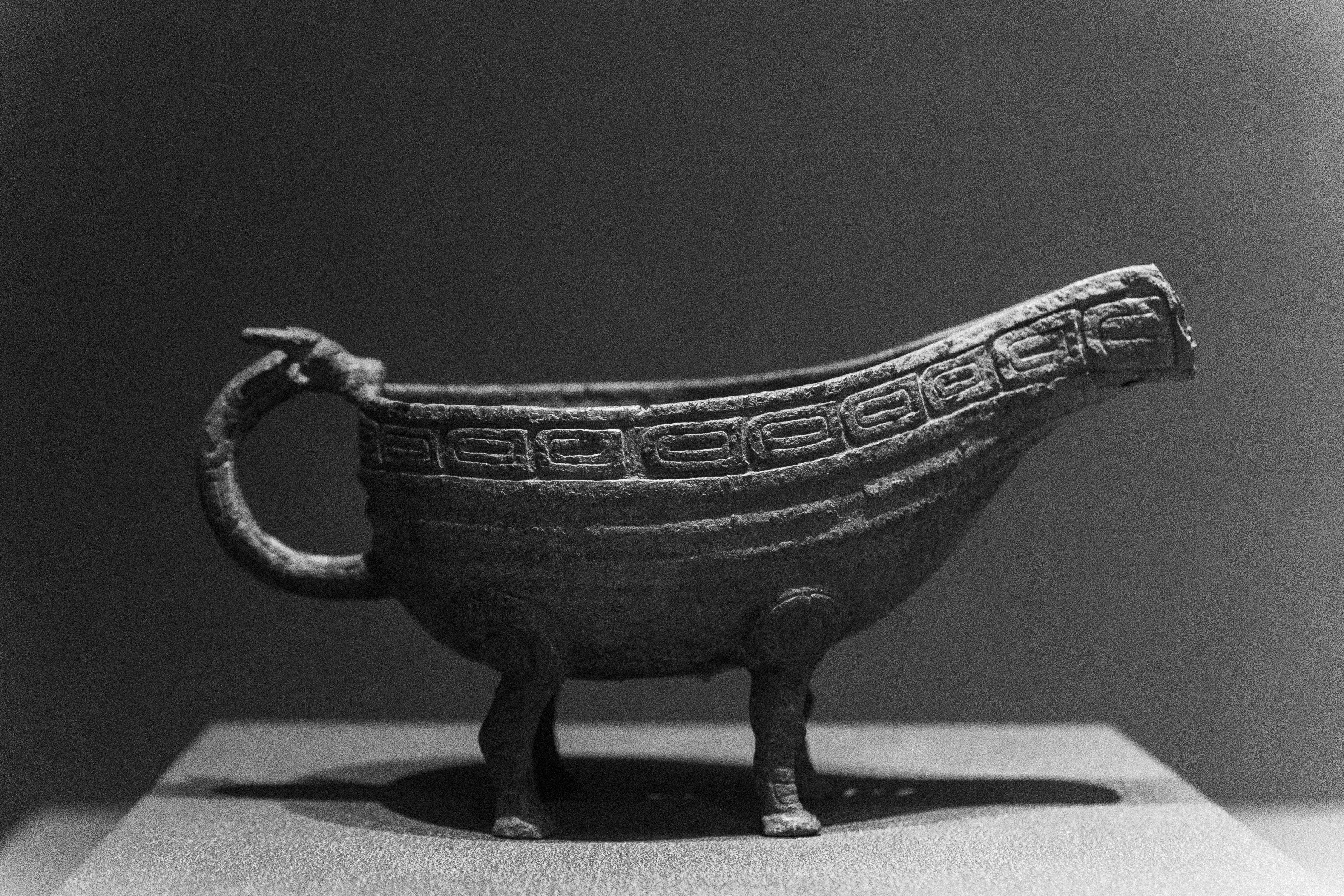 Ancient bronze vessel on display.