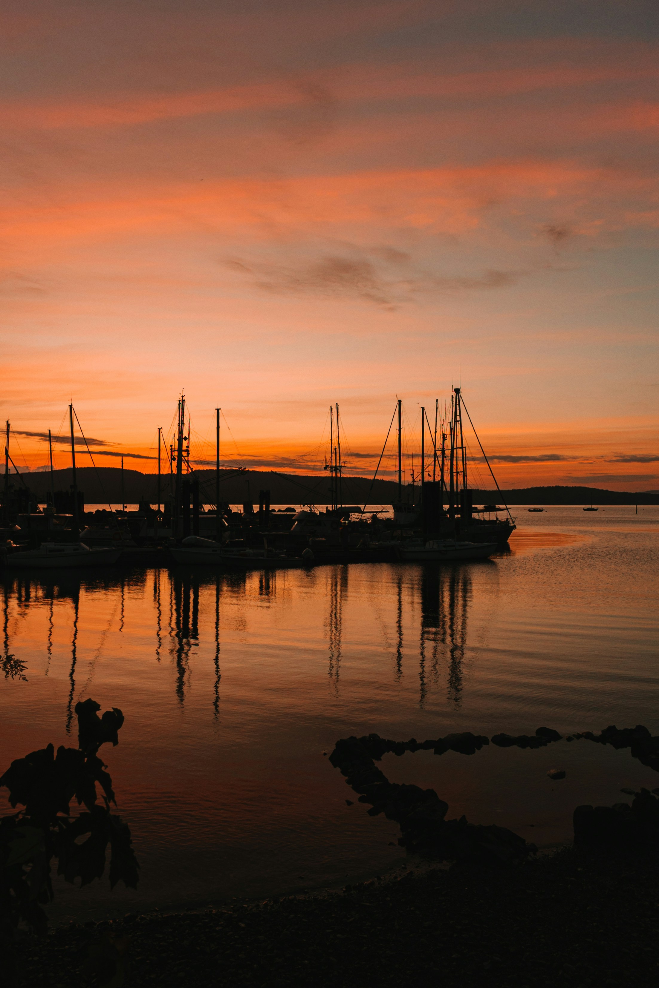 Silhouetted boats rest in a tranquil harbor as the orange sunset reflects on calm waters.