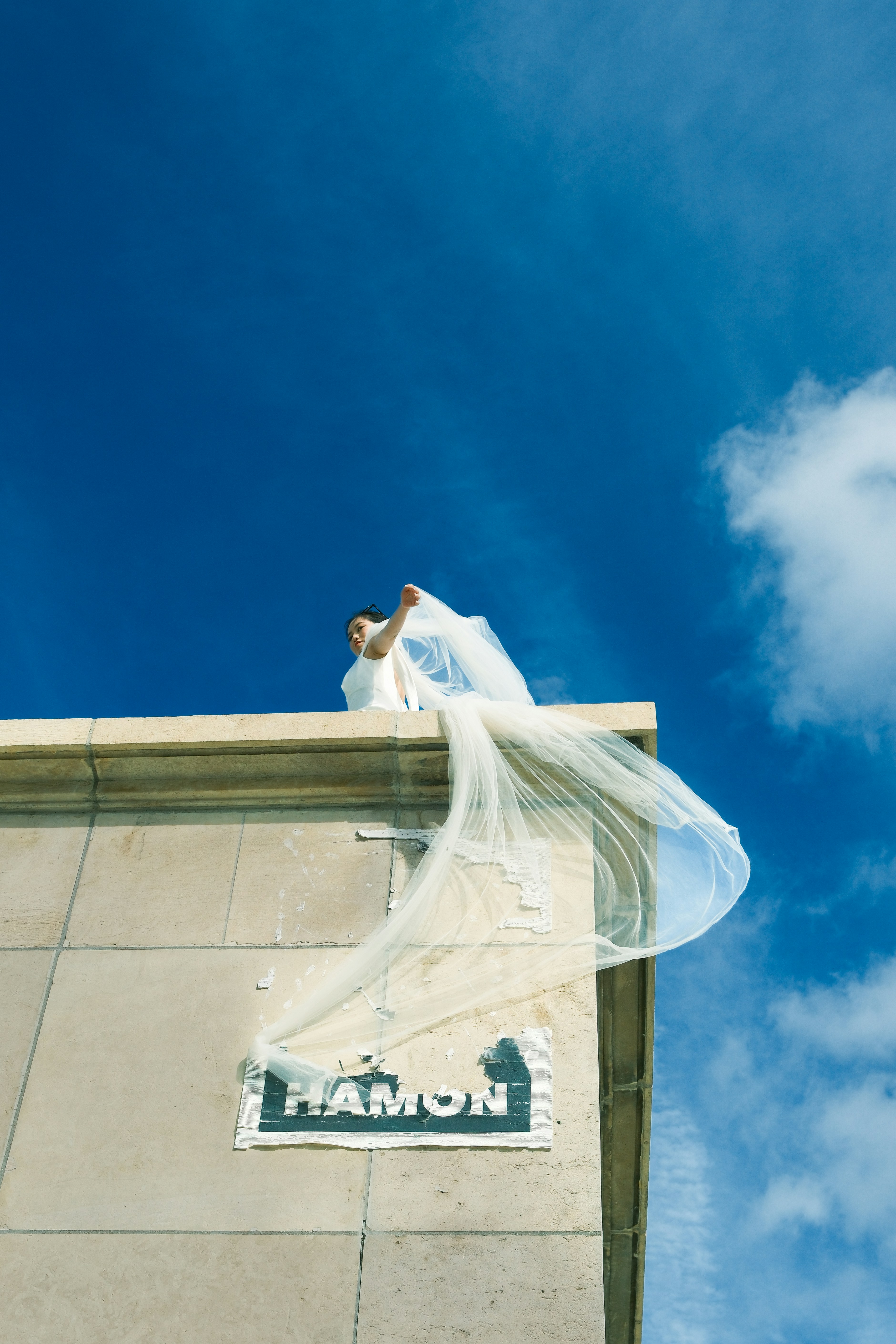 Bride sits atop a building with a flowing veil. photo – Free Portrait ...