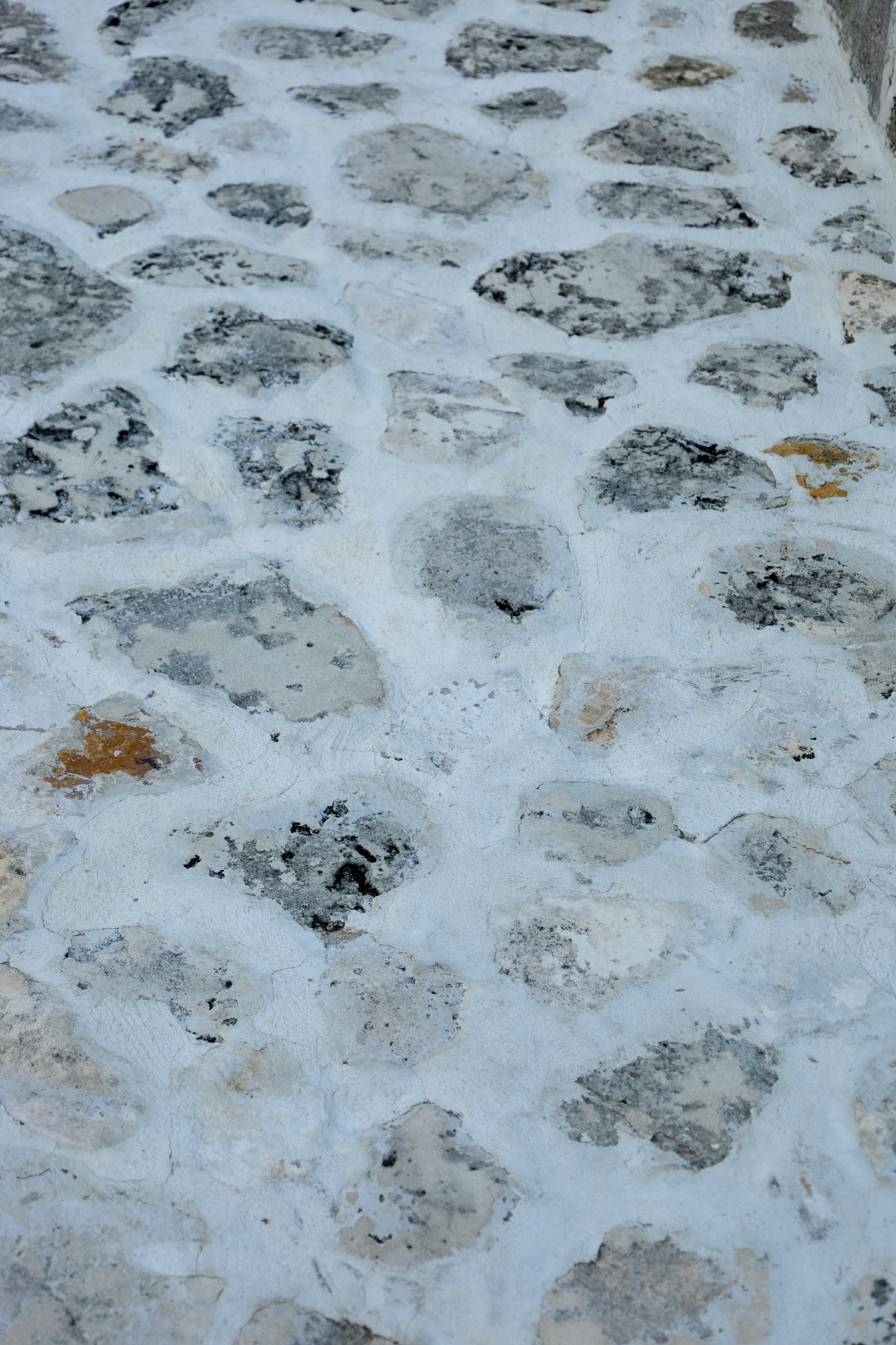 Stone pathway with white grout is depicted.