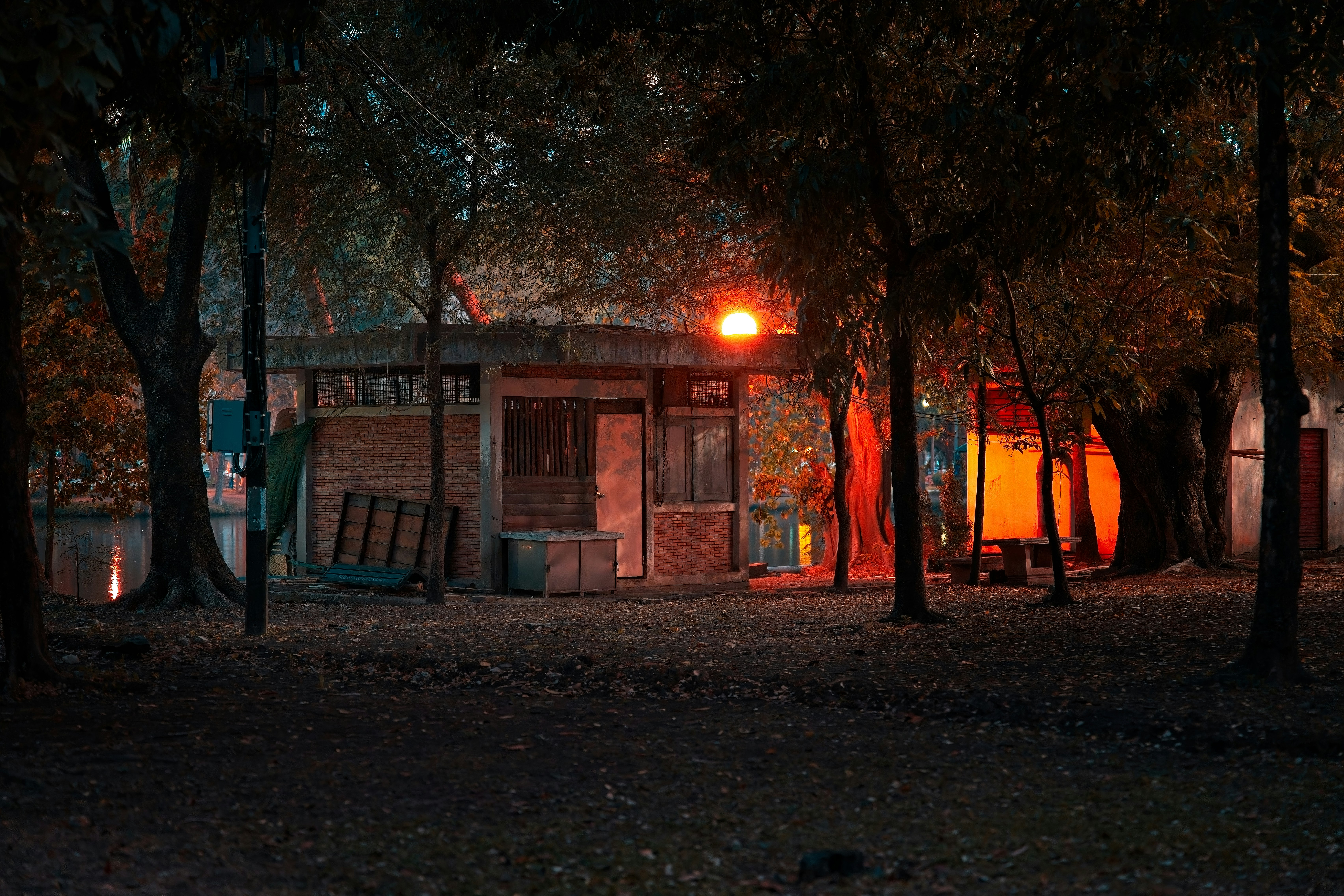 Amber Lanterns Among Quiet Cabins: Dusk in the Park