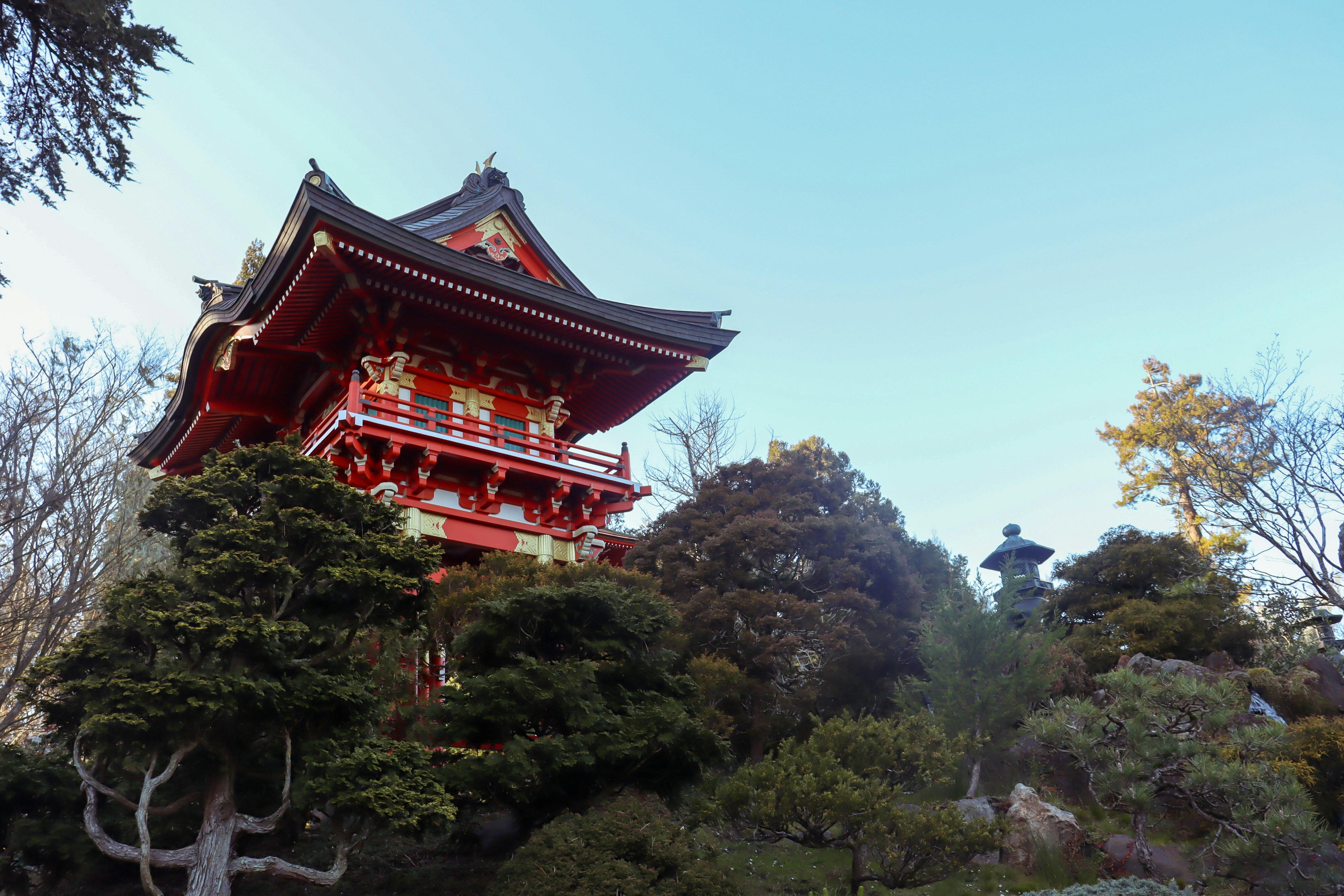 Traditional Japanese pagoda surrounded by lush greenery under a clear blue sky.