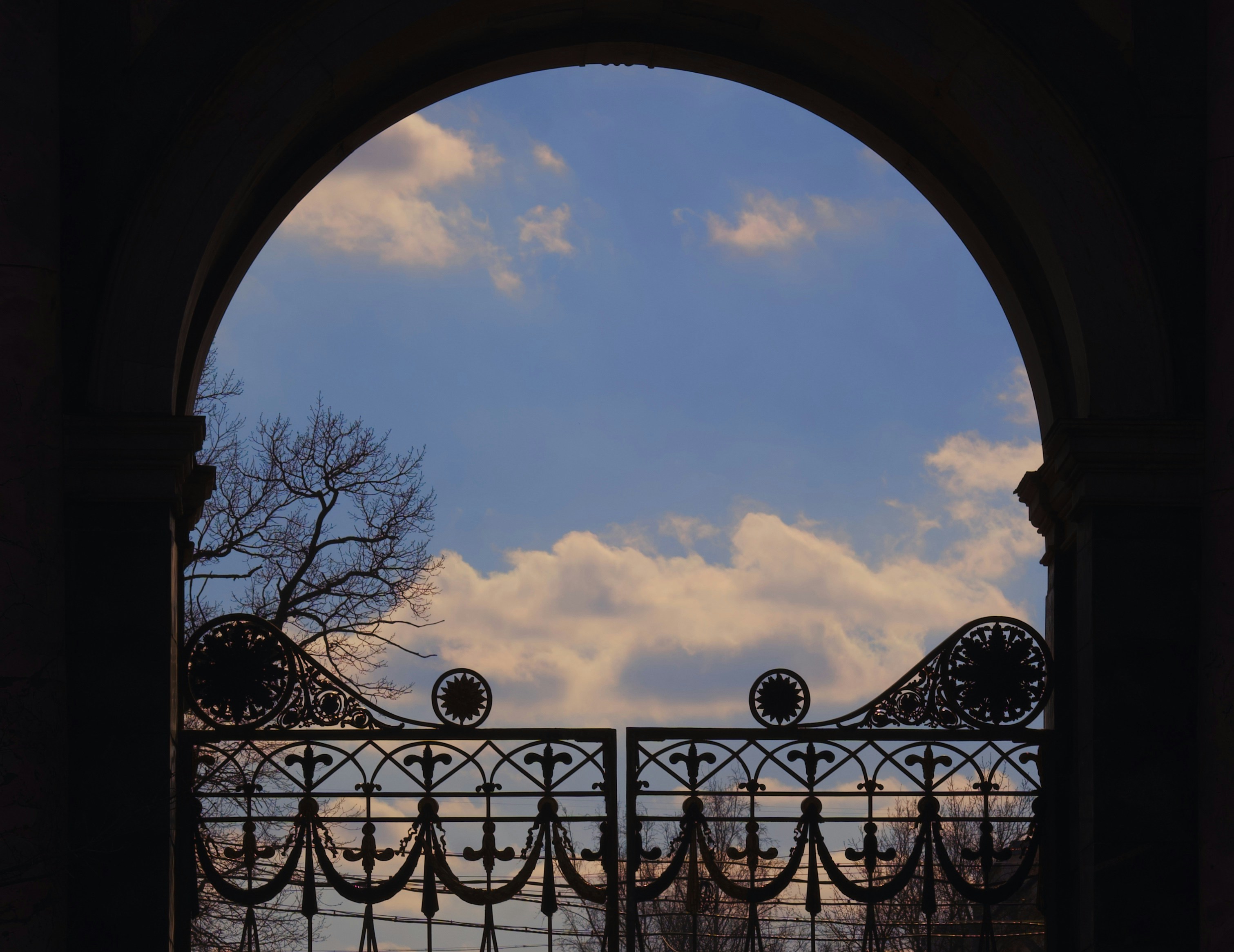 Wrought Iron Gate Framing a Cloud-Kissed Sky