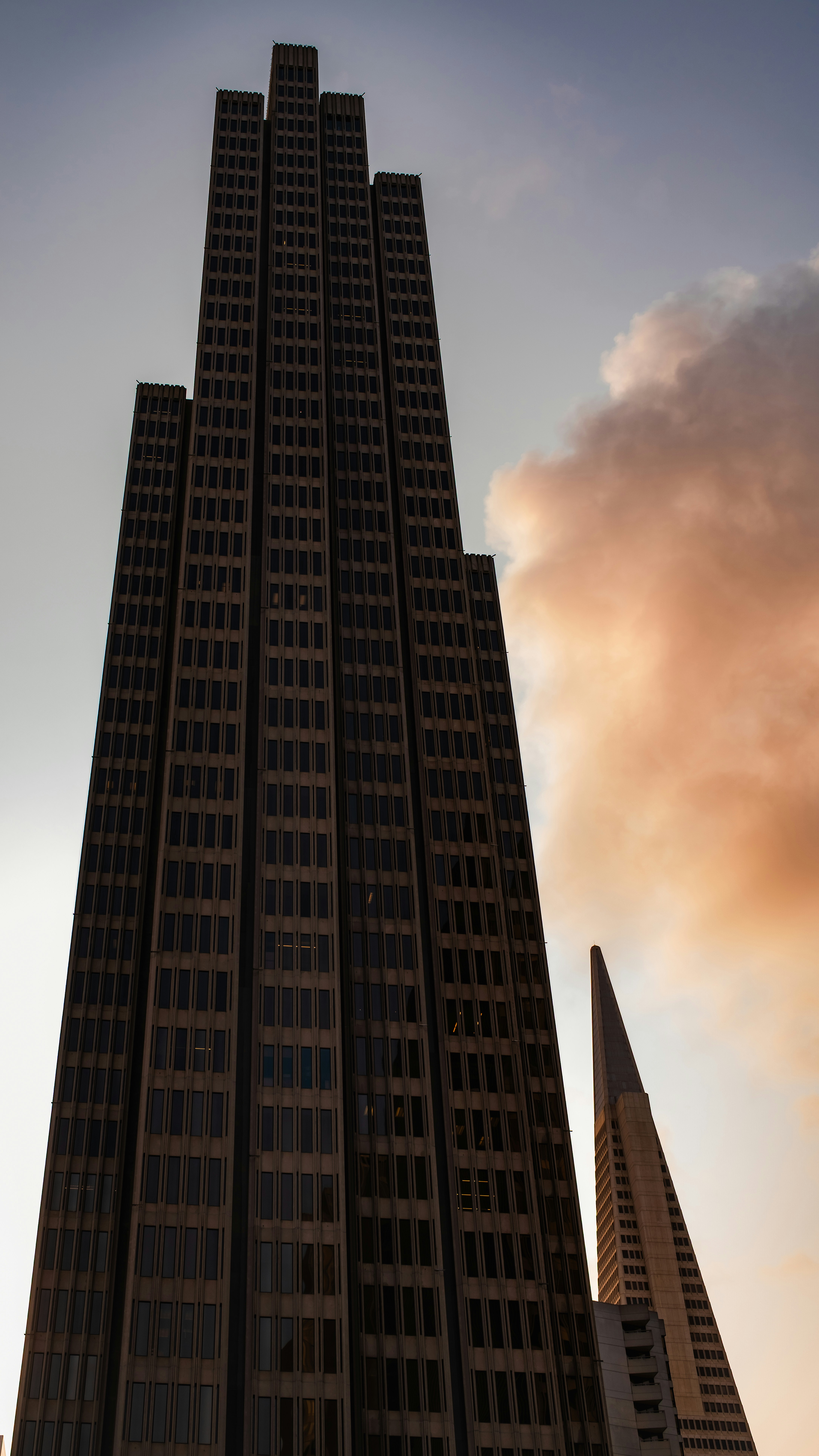 Los rascacielos se elevan contra un colorido cielo nocturno. foto ...