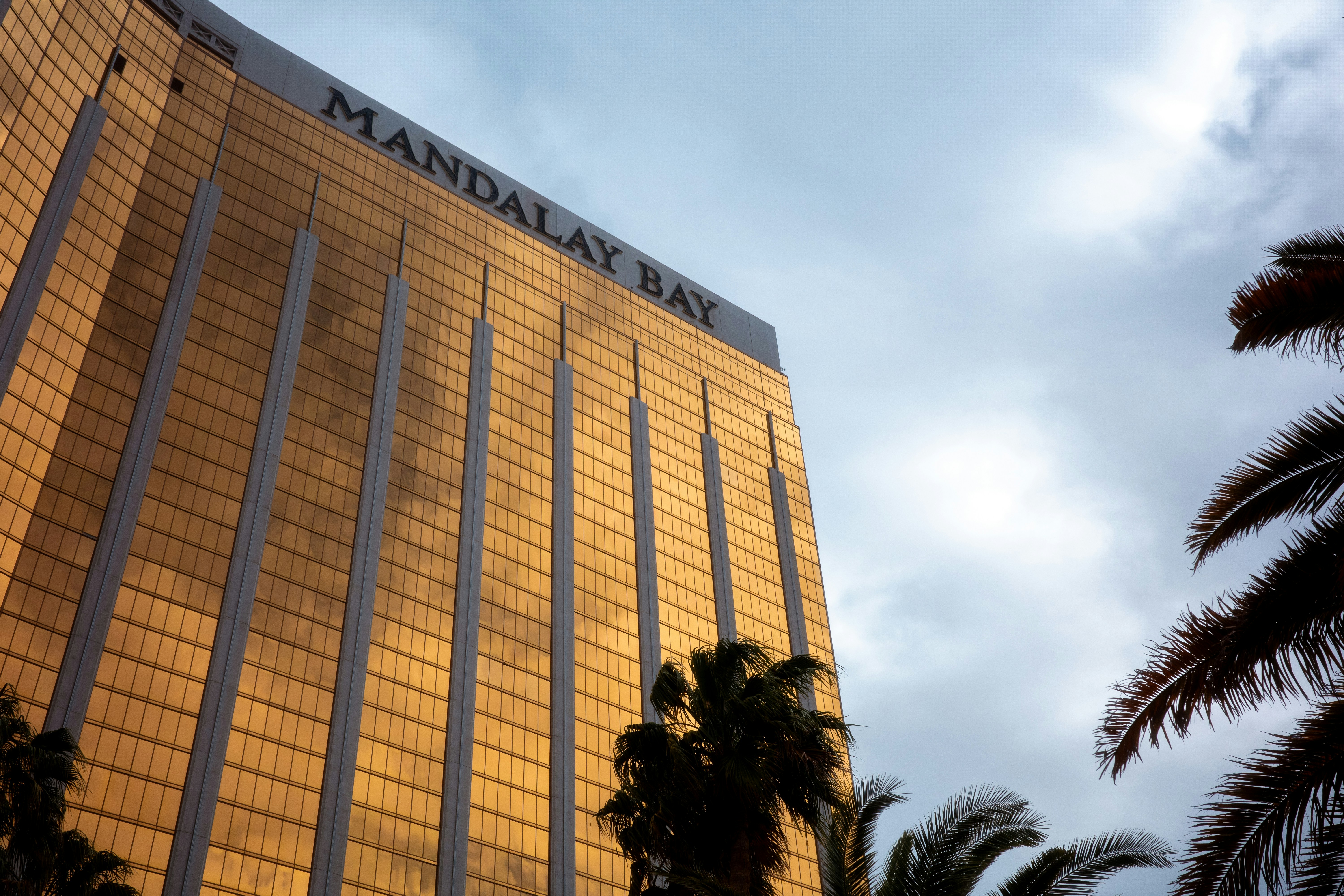 Golden Facade of Mandalay Bay: Sunlit Towers Rising Over Palm Silhouettes