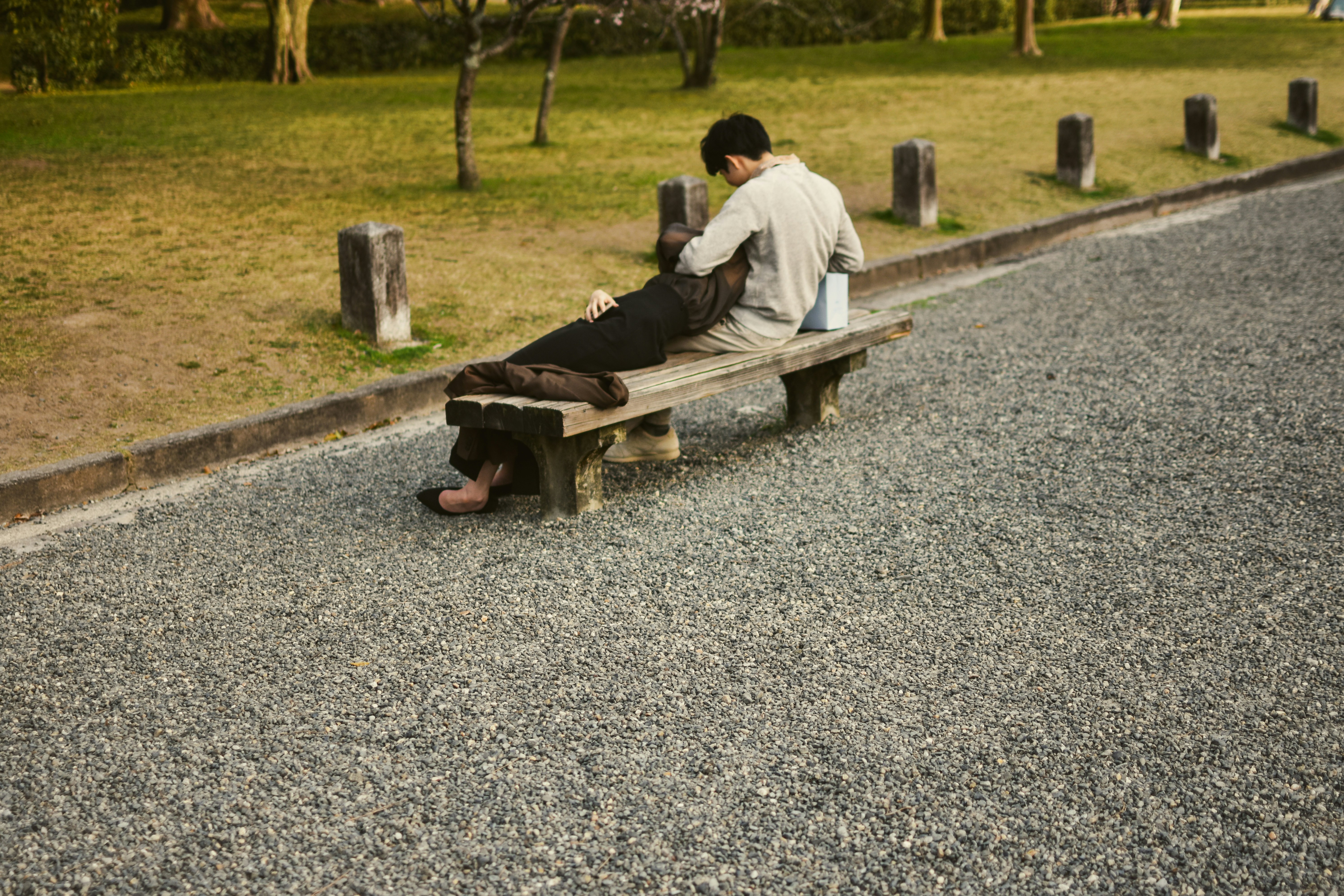 Solitude on the Park Bench: A Quiet Moment by the Gravel Path
