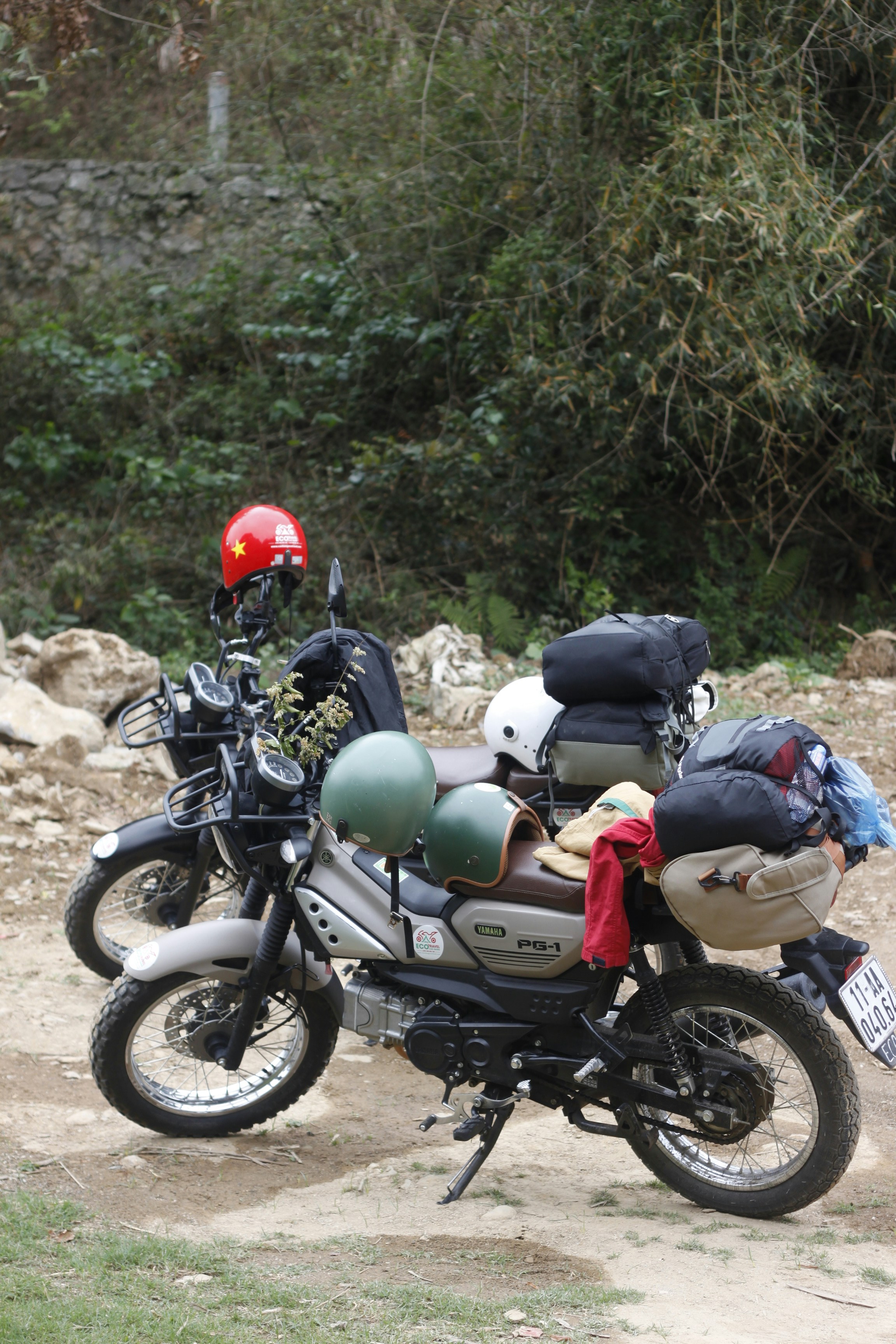 Ready for the Ridge: A Heavily Packed Dual-Sport on a Quiet Dirt Verge