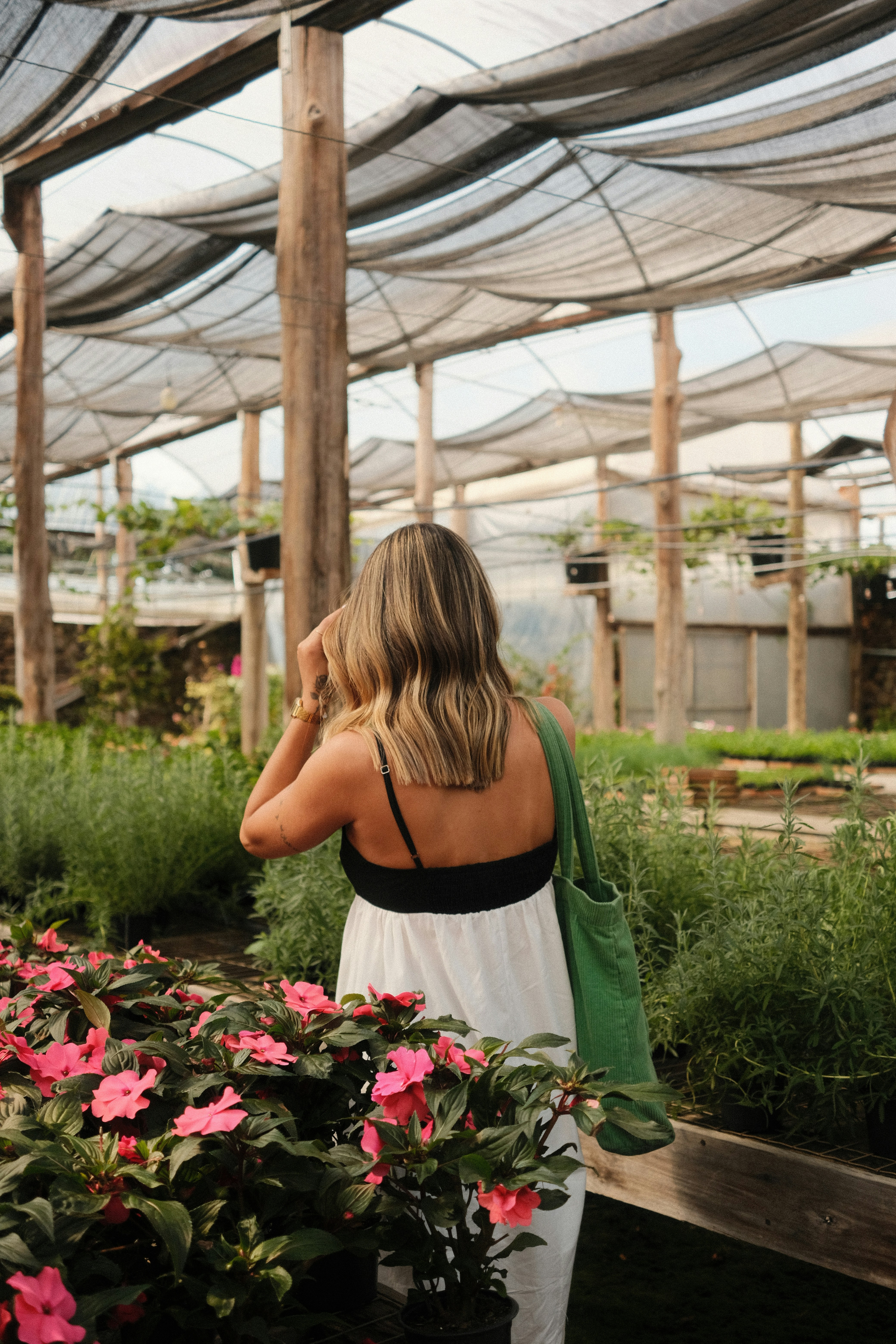 Back-View Bloom: A Woman in White Among Pink Impatiens Beneath Garden Shade