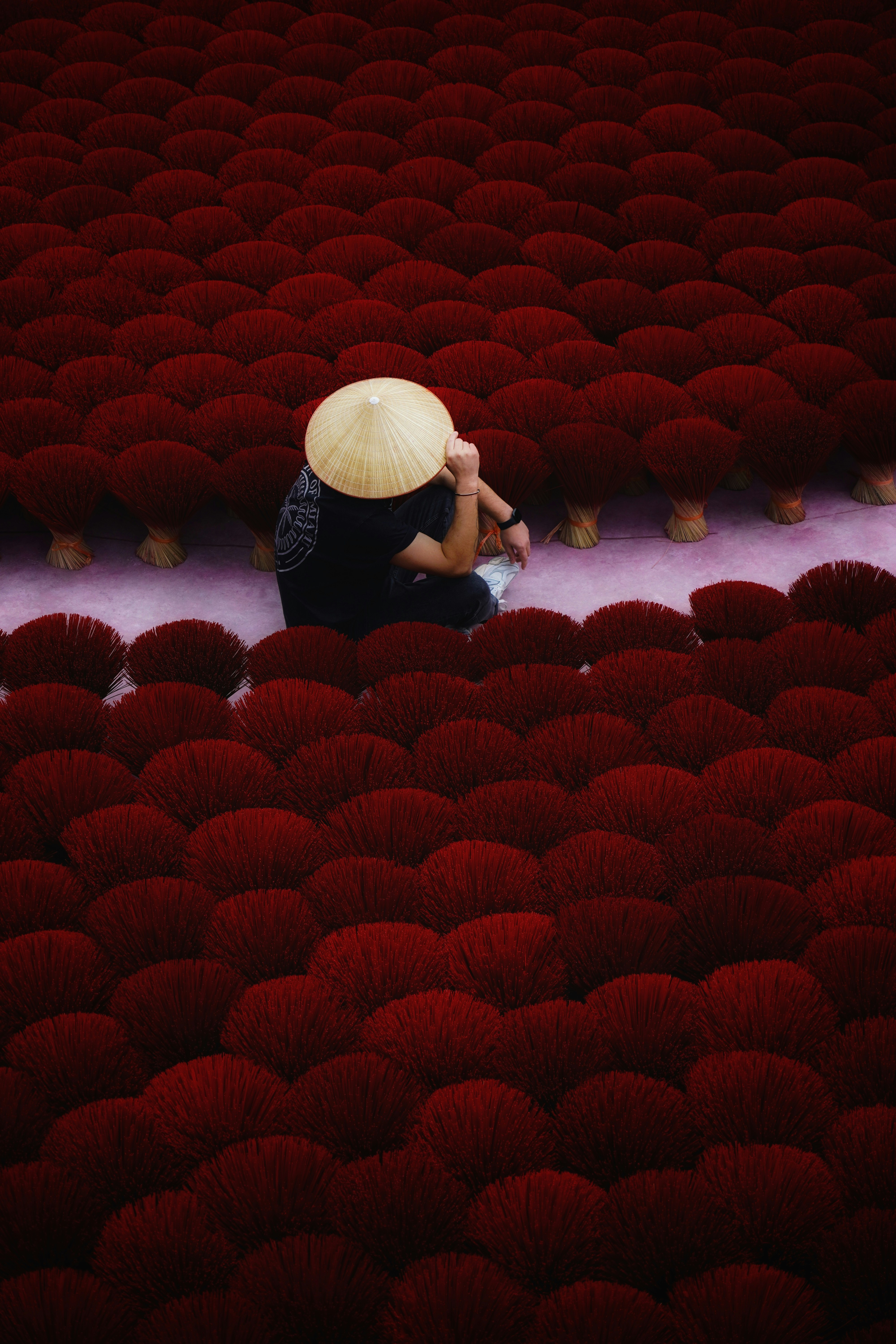 A photograph of a solitary figure wearing a conical hat sits among rows of crimson decorative fans. The composition emphasizes repetitive shapes, bold color, and a quiet moment on a pink-toned floor.