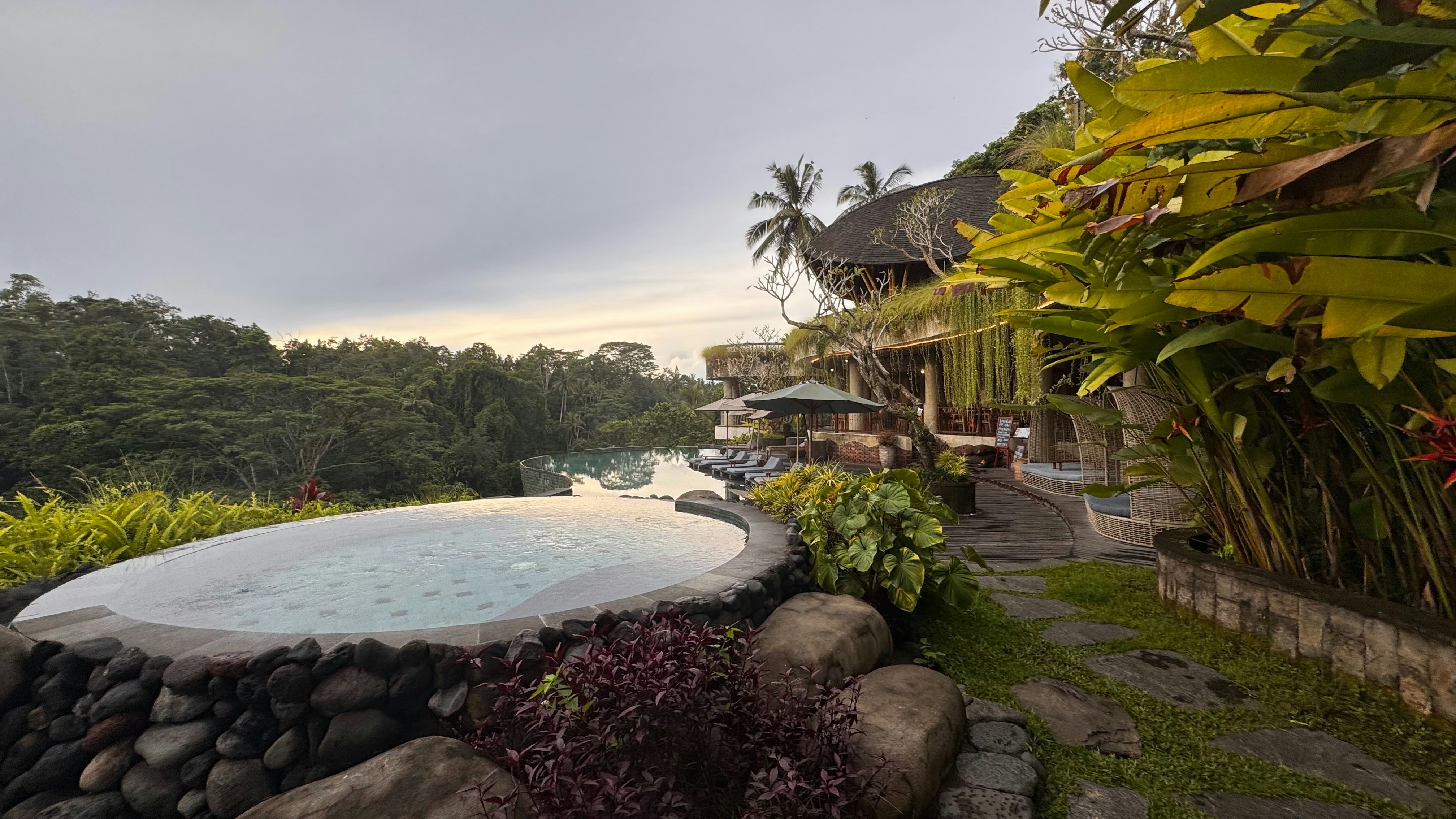 Infinity pool surrounded by tropical foliage with a view of a verdant valley and distant trees.