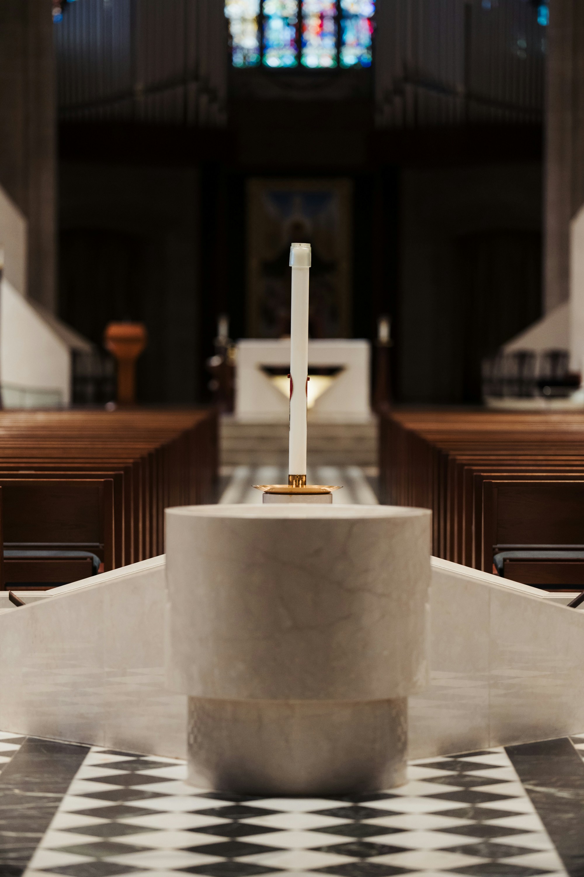 Paschal candle and baptismal font in the Cathedral of the Most Blessed Sacrament in Detroit, MI