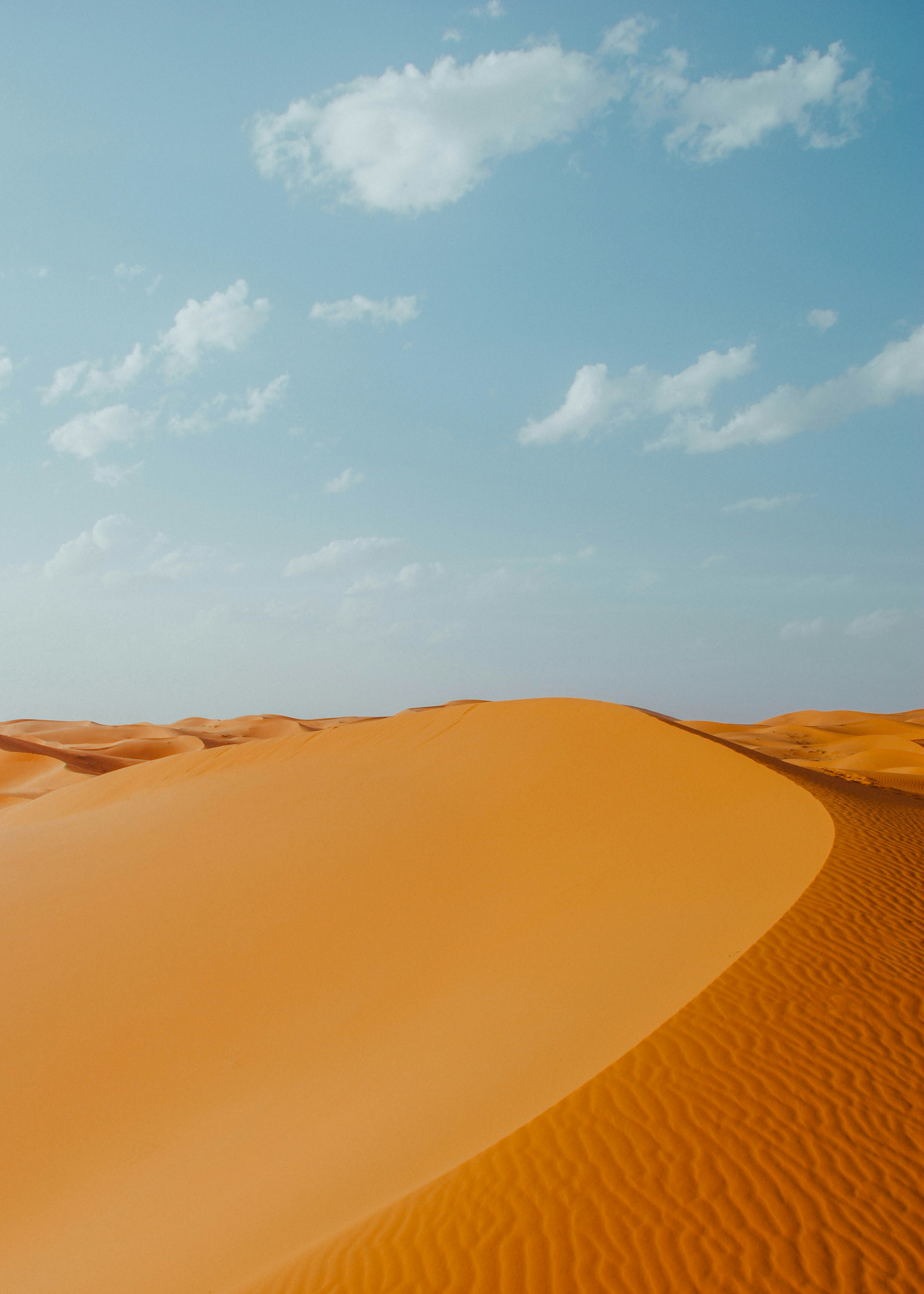 Golden sand dunes stretch beneath a bright blue sky with scattered clouds.