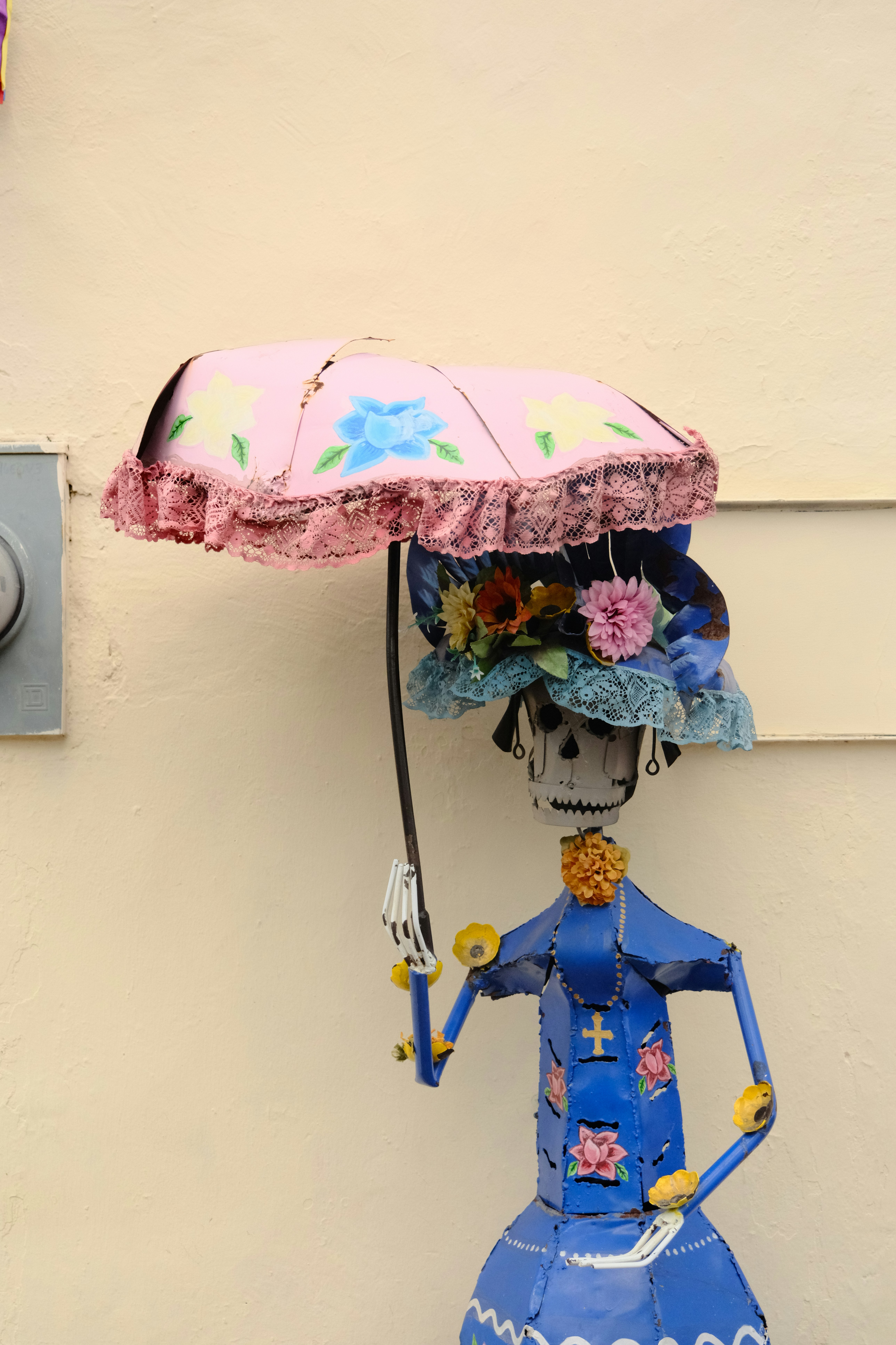 Dia de los Muertos Umbrella—Blue Skeleton in a Pink Lace Shade