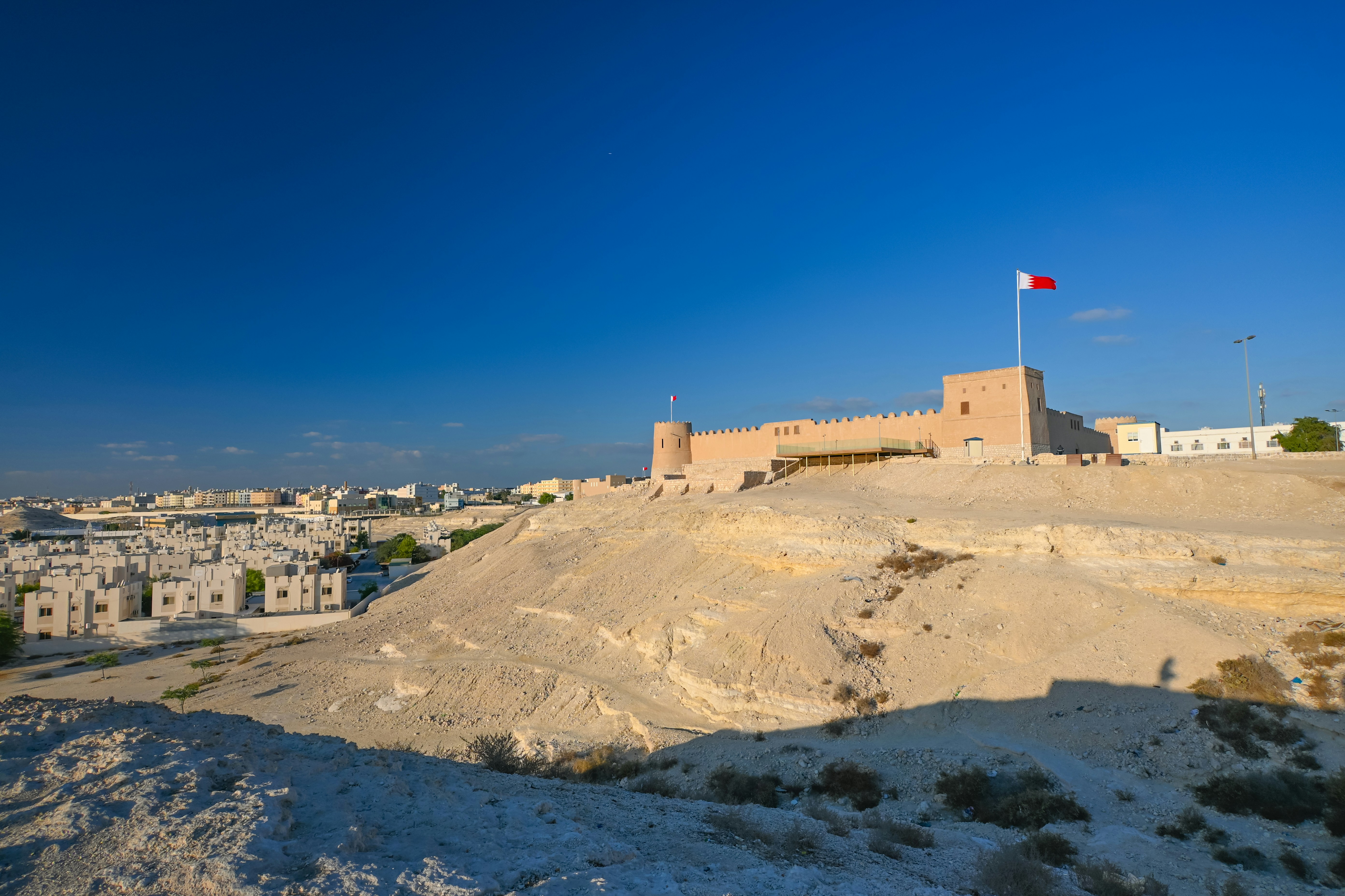 Historic fortress with a flag atop a sunlit hill, overlooking a sprawling white city under a clear blue sky.