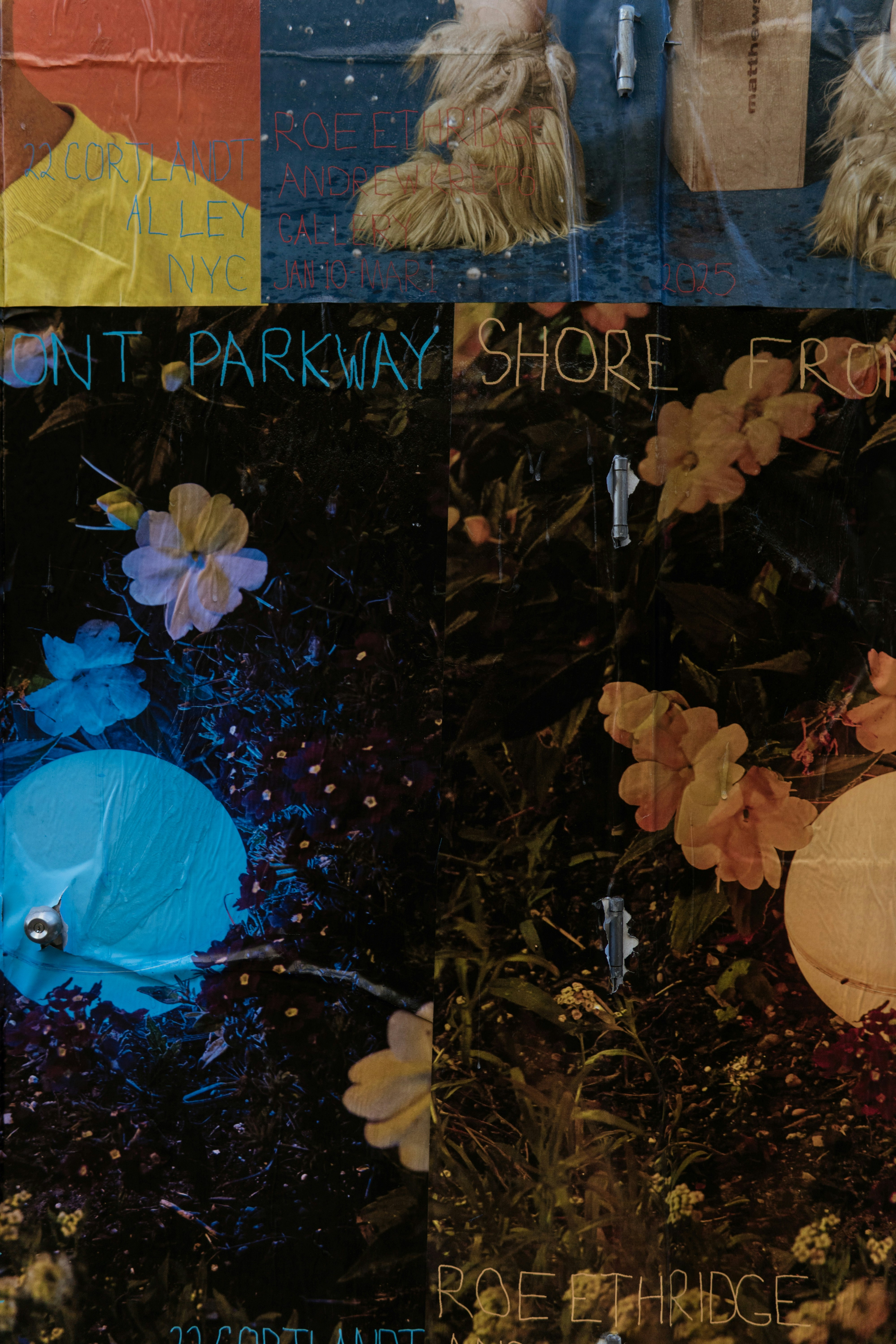 Abstract collage features flowers, text, and varied textures. photo ...