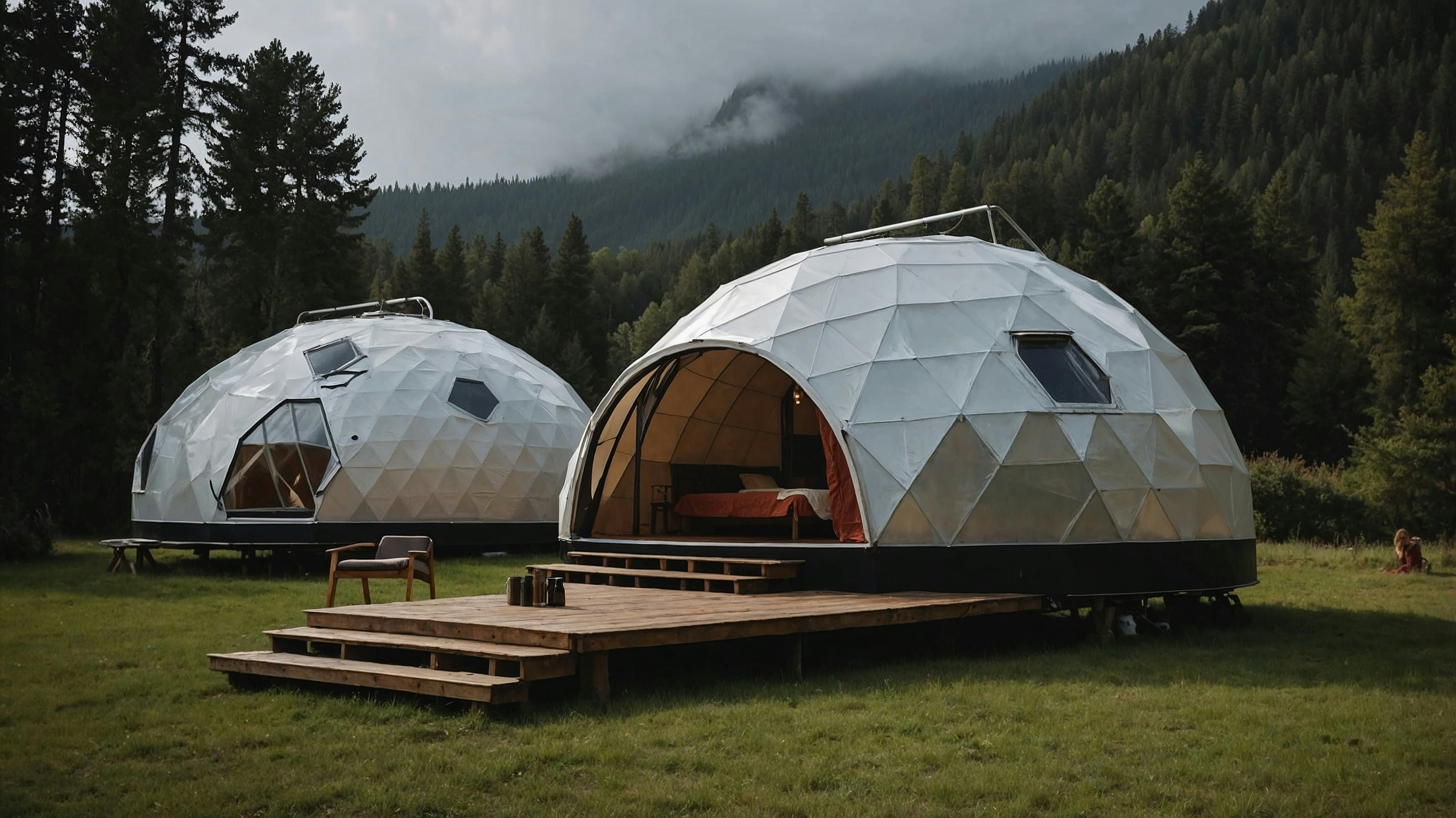 Geodesic dome structures amidst a scenic, natural landscape. photo ...