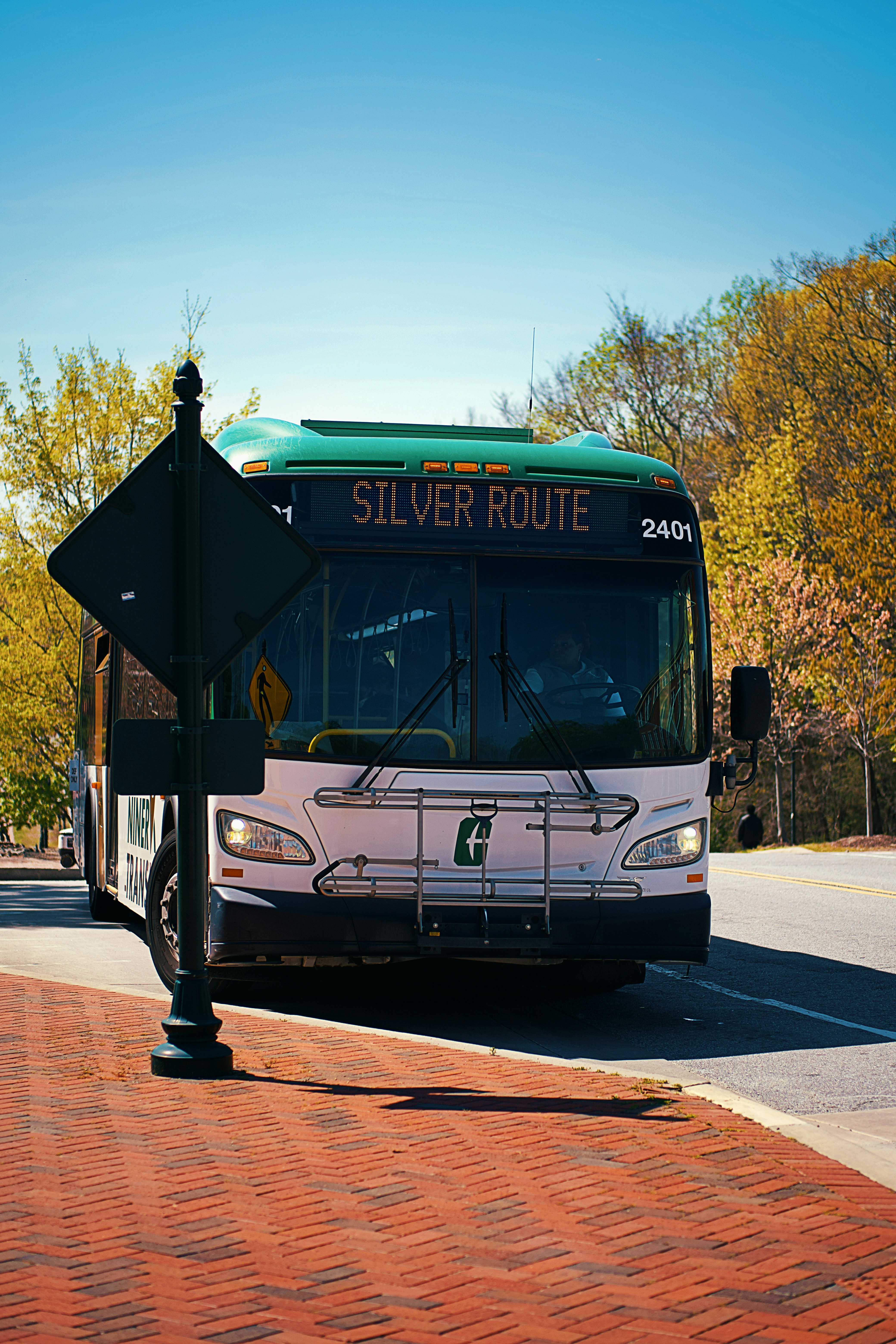 Silver Route Bus Approaches a Brick-Paved Street Under a Clear Sky