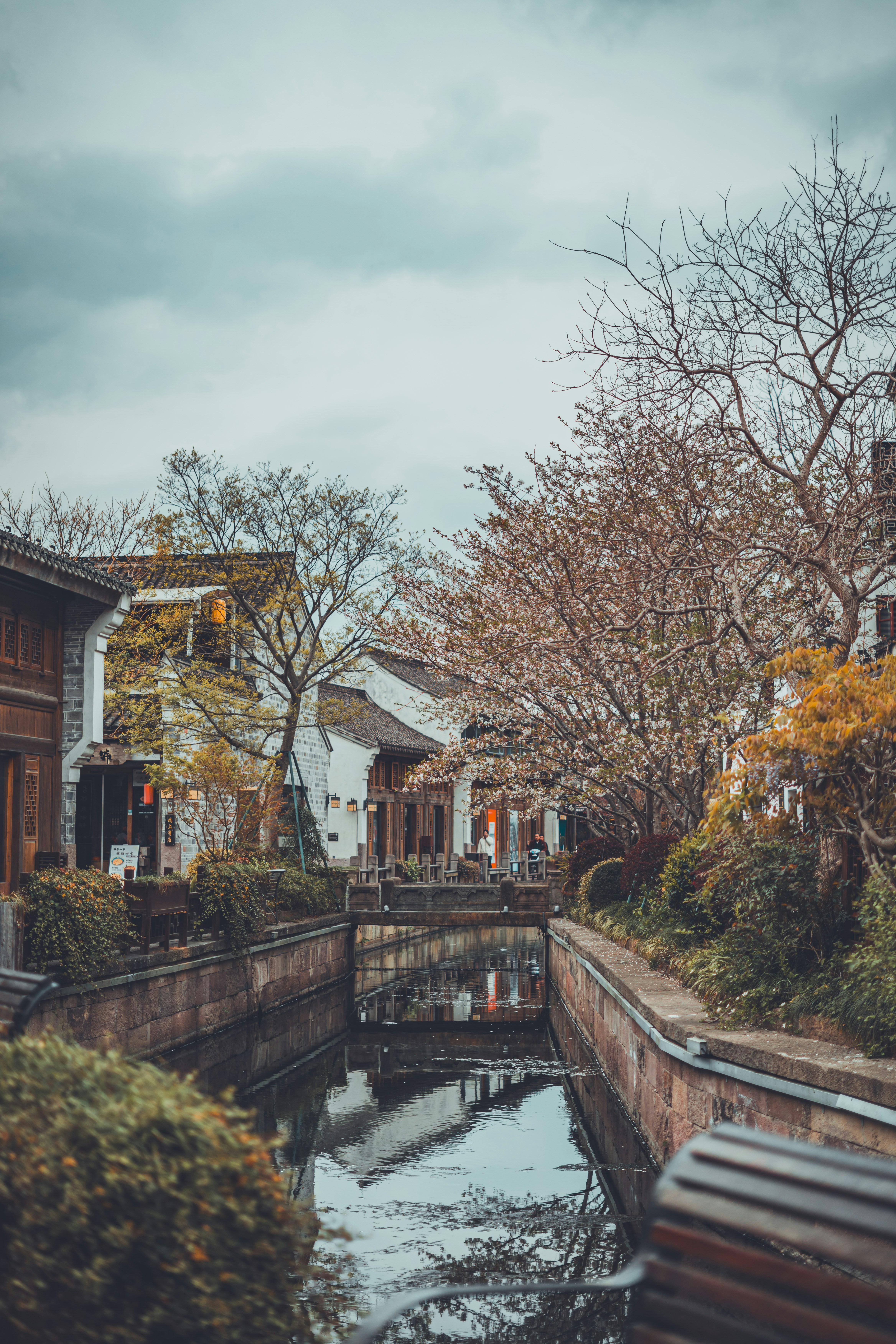 Tranquil canal lined with historic buildings and trees under a cloudy sky.