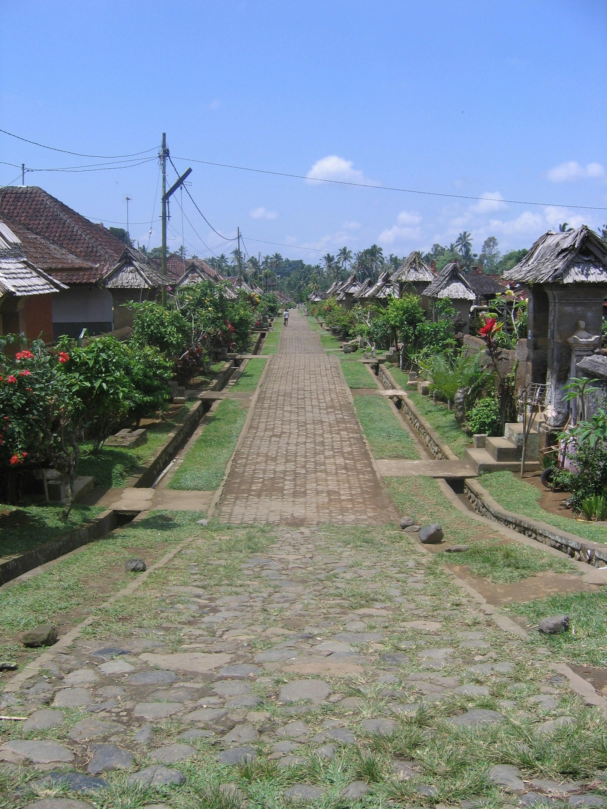 Cobblestone path flanked by traditional Balinese houses and lush greenery under a clear blue sky.