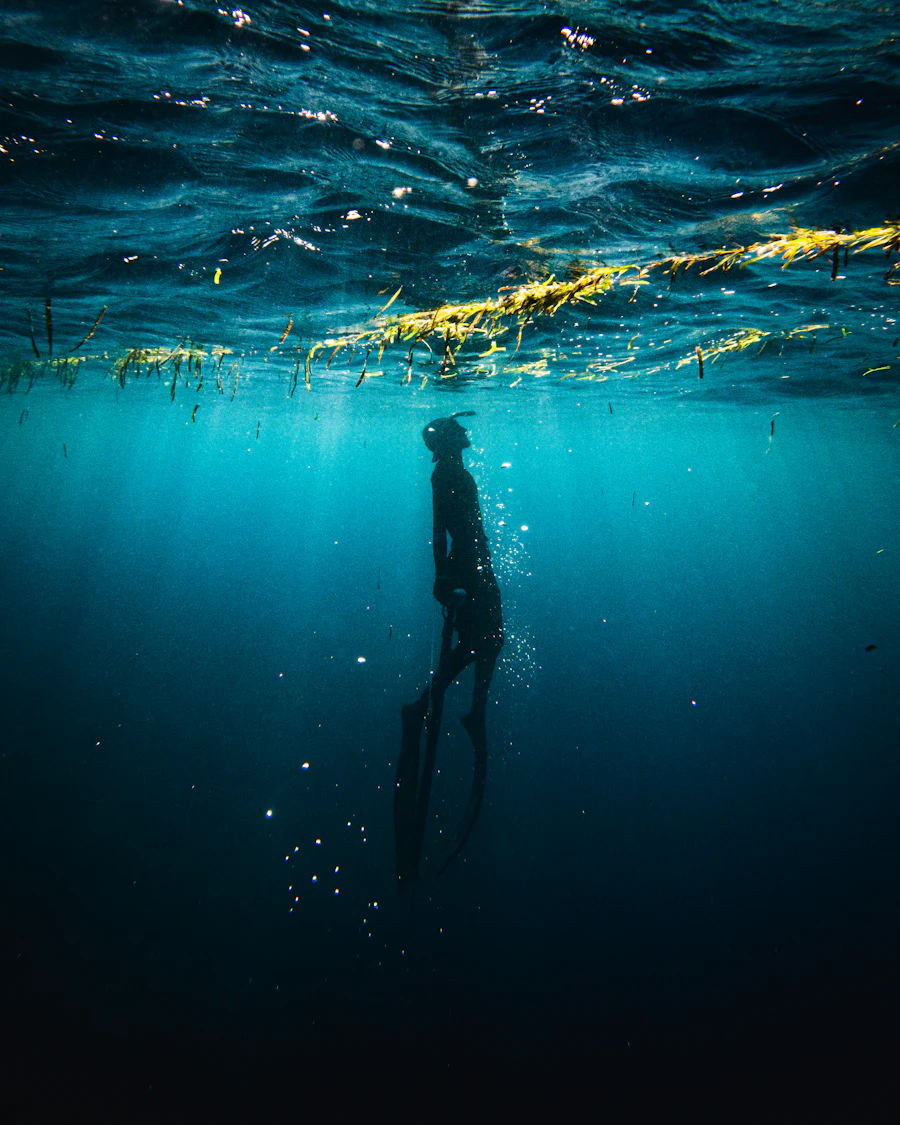 A lone snorkeler or freediver hangs in deep blue water beneath rippling surface reflections and drifting sea grass. Sunlight filters down, creating a moody underwater scene.