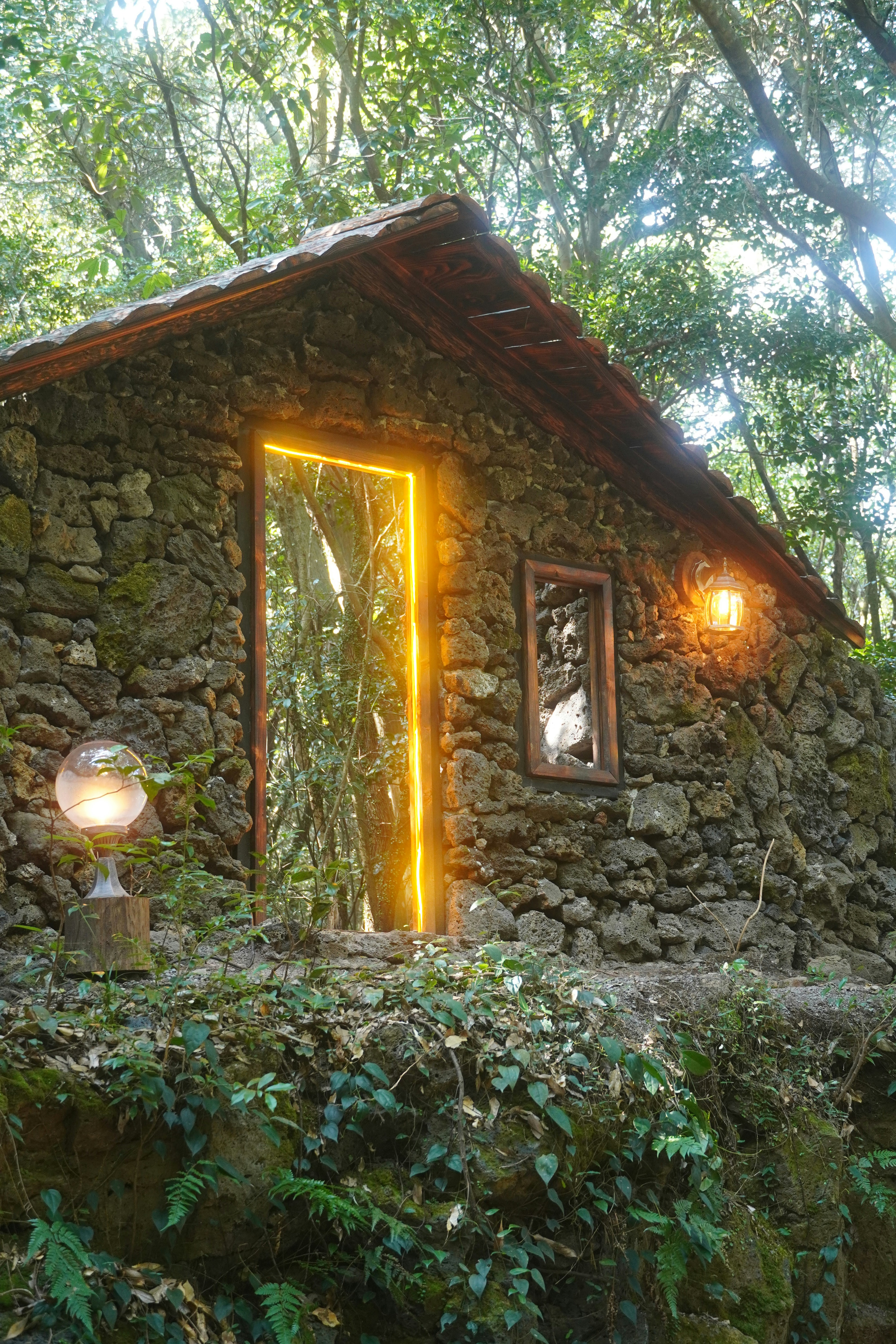 Glowing Portal: A Stone Cabin Emerges from the Forest