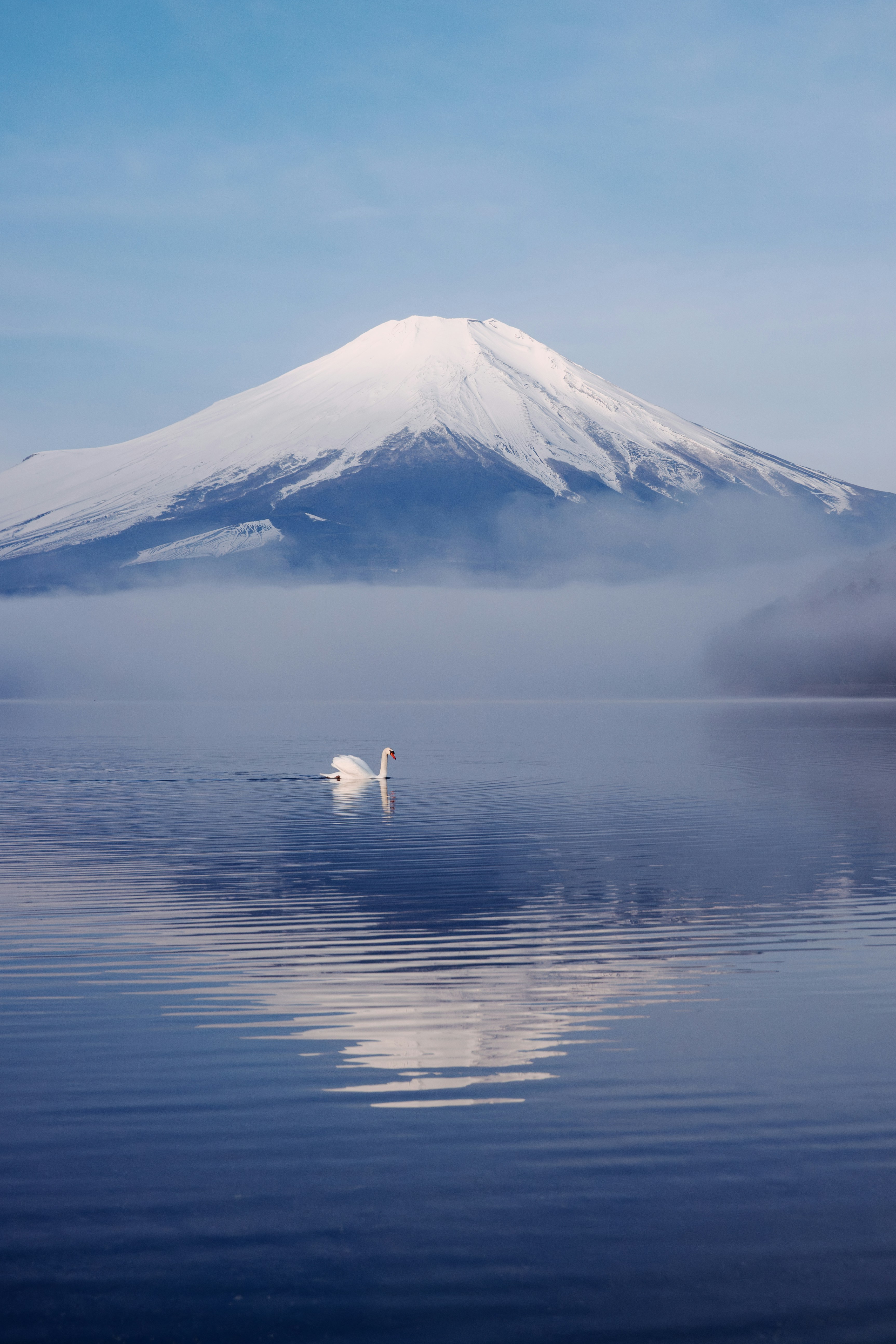Silent Peak: Snow-Capped Summit Over a Misty Lake