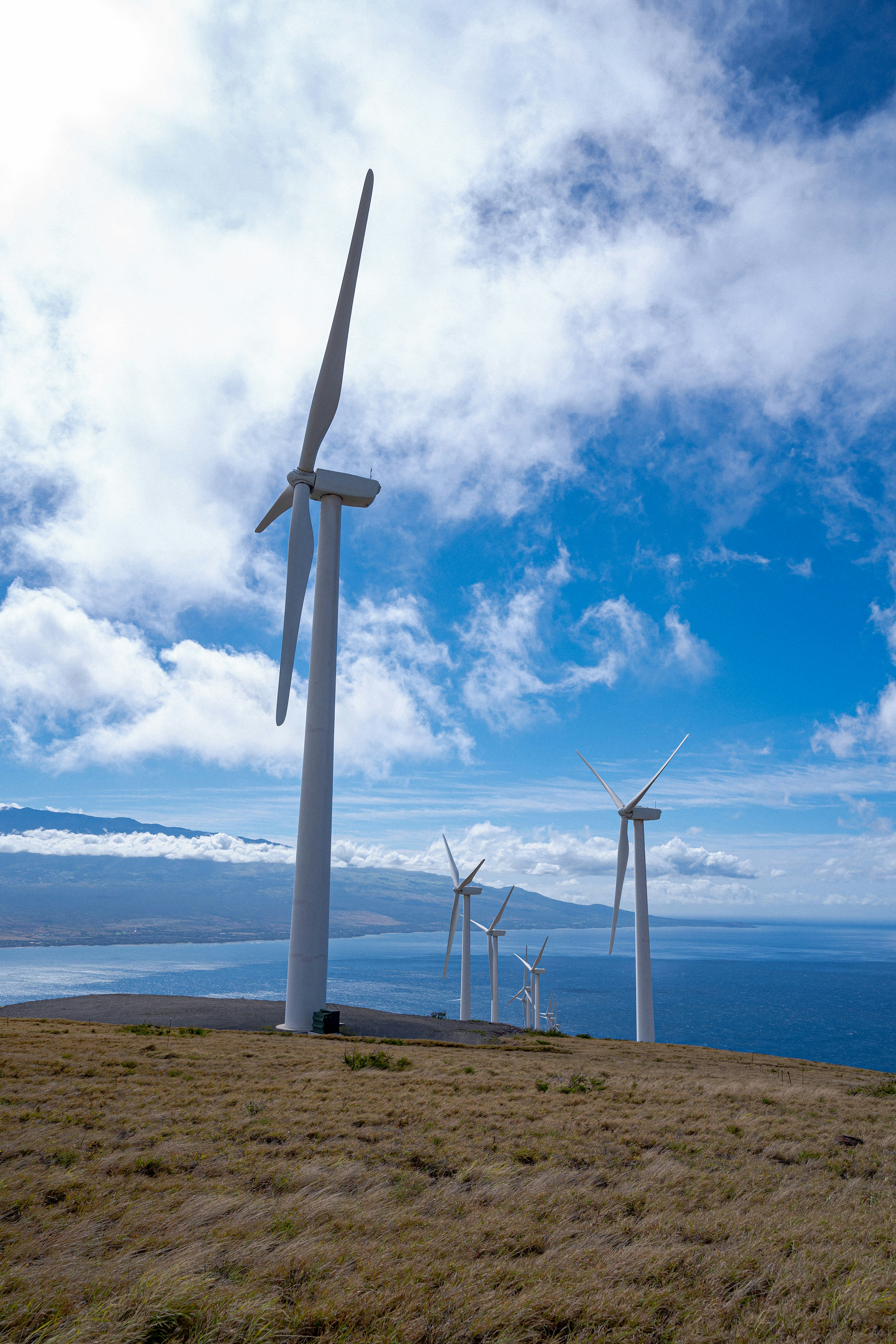 Wind turbines stand tall on a grassy hill under a bright blue sky with scattered clouds.