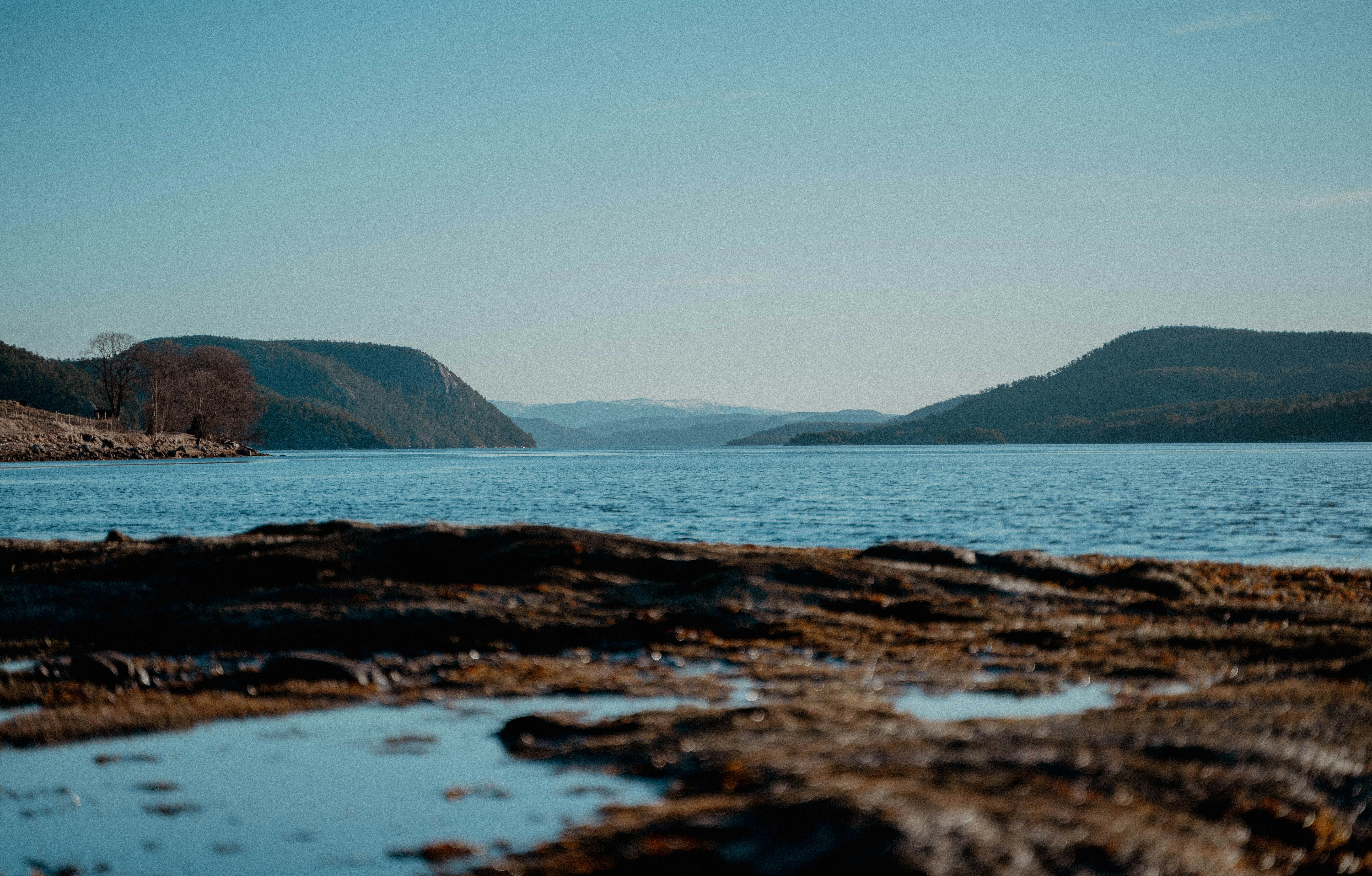 Rocky shore leading to tranquil waters under a clear blue sky with distant hills.