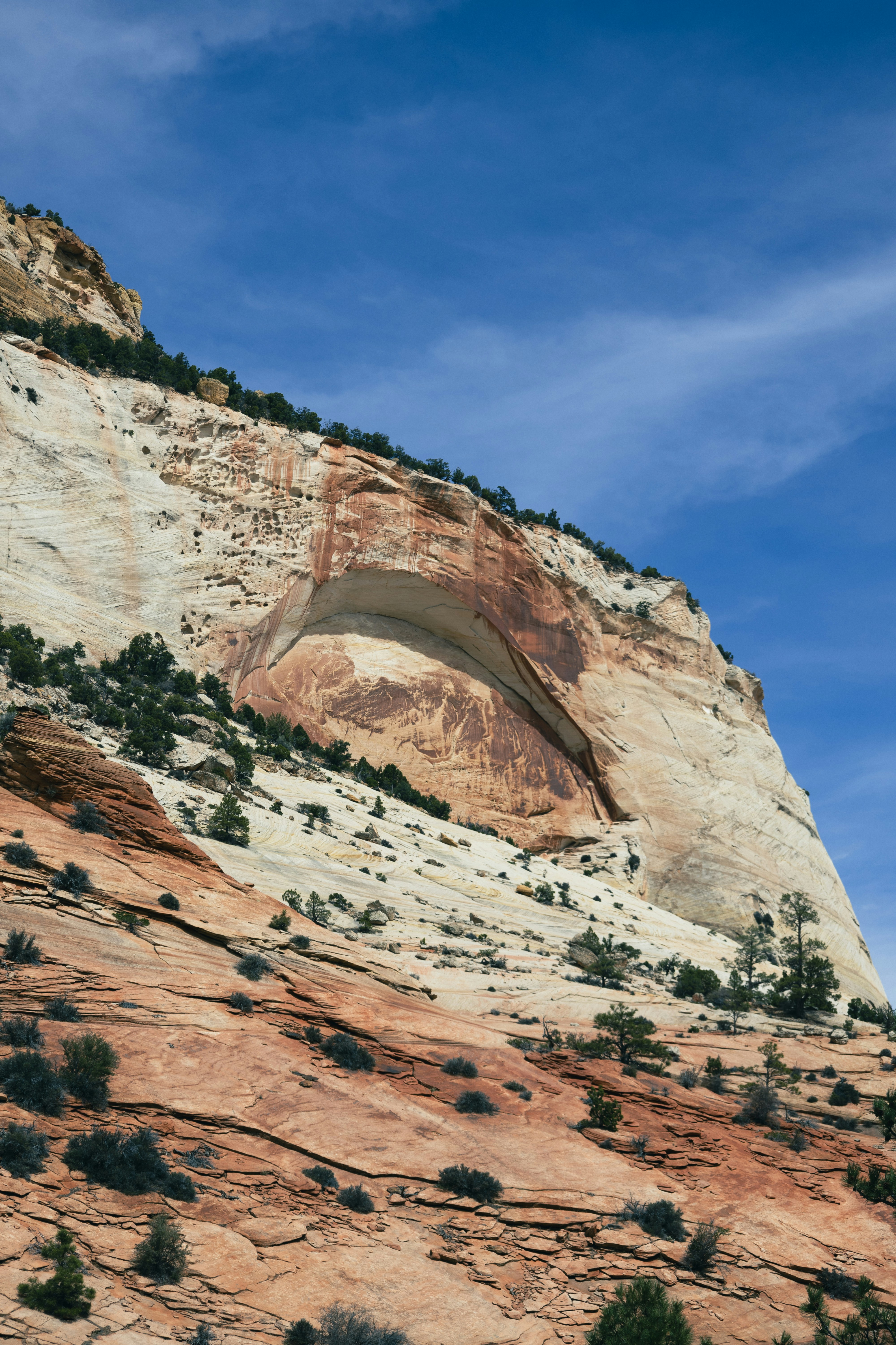 Arch of sandstone over a sunlit hillside