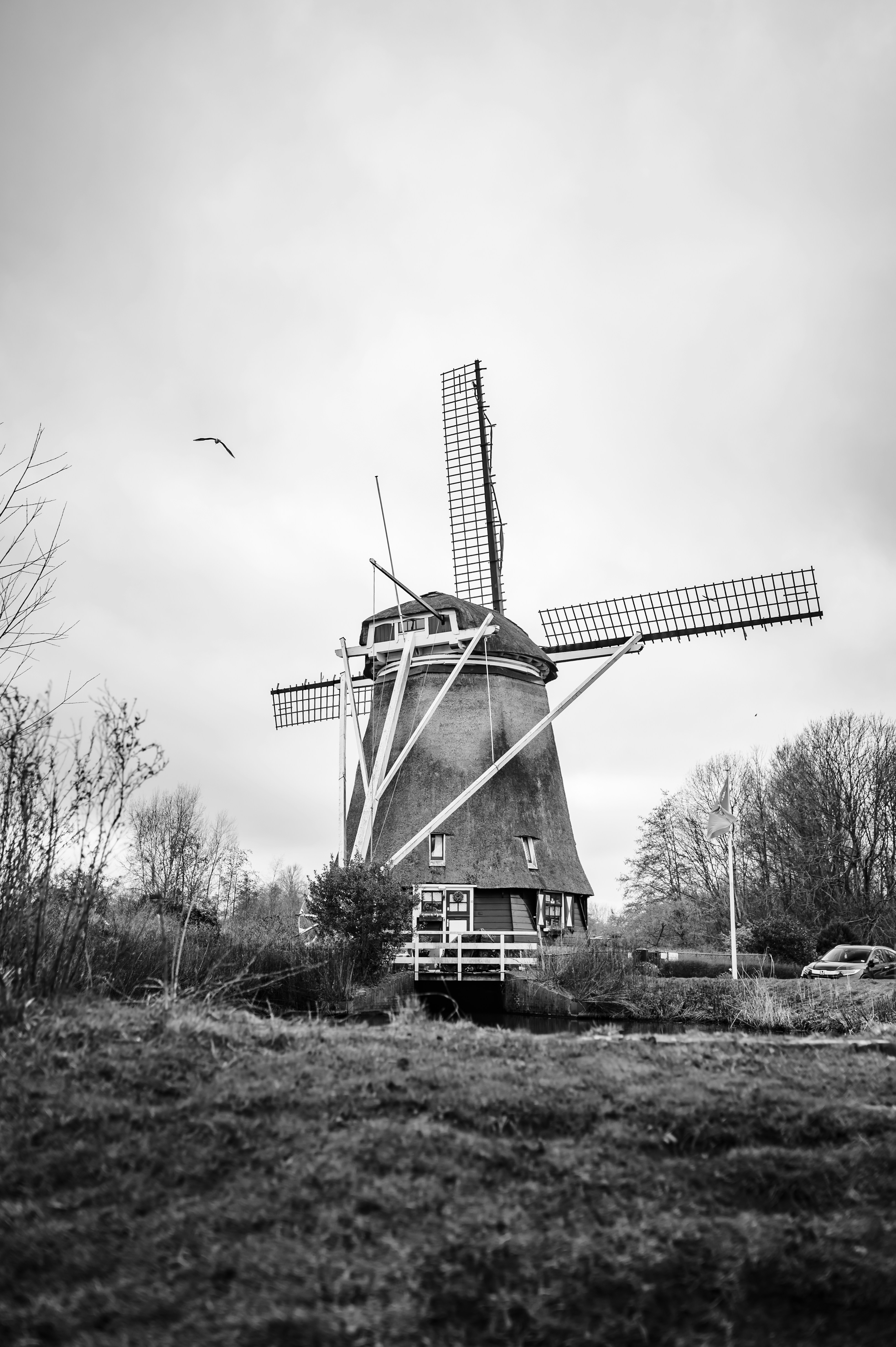 Black and white photo of a traditional windmill surrounded by trees and a cloudy sky.