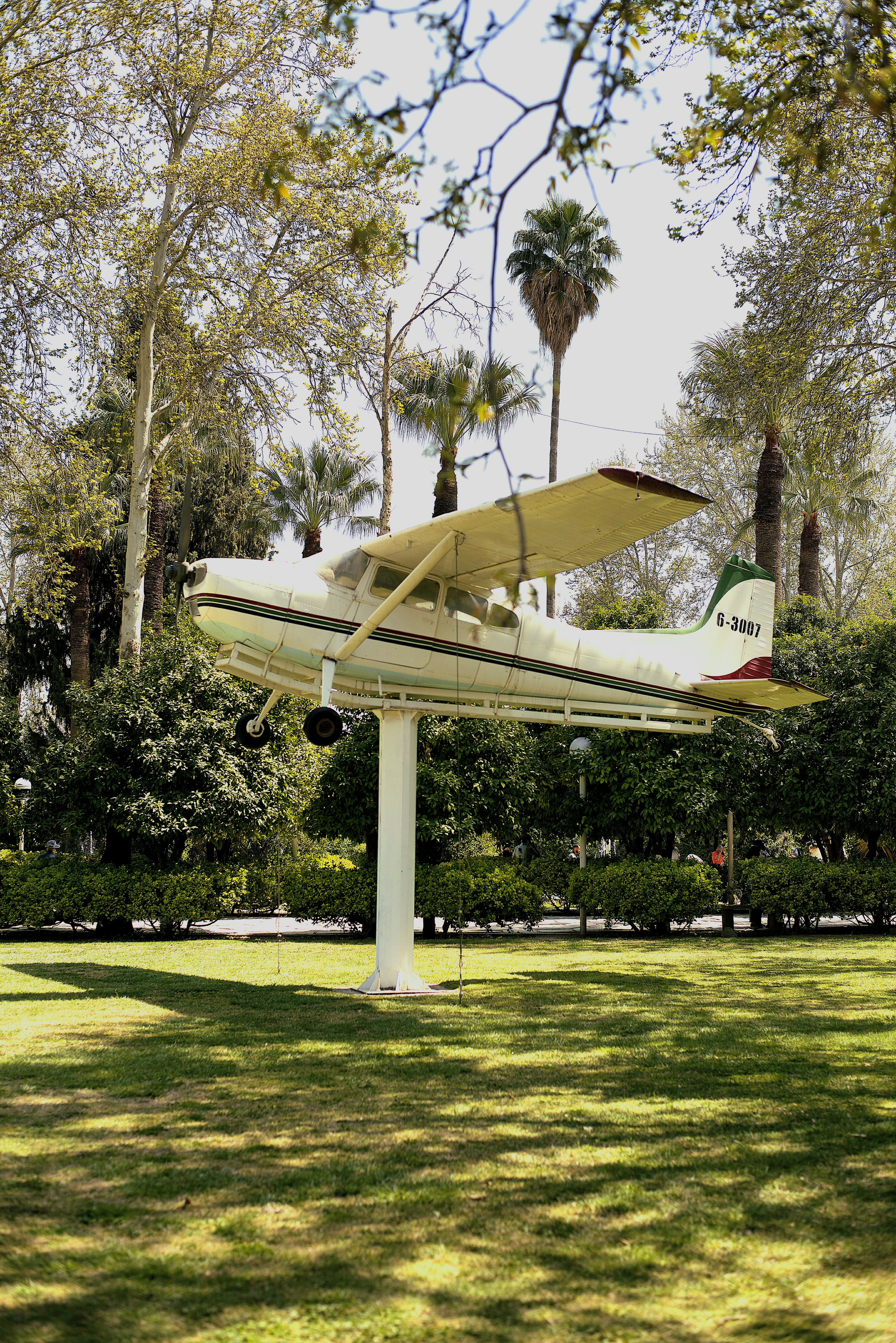 Suspended vintage aircraft mounted on a pedestal amidst lush greenery and palm trees.
