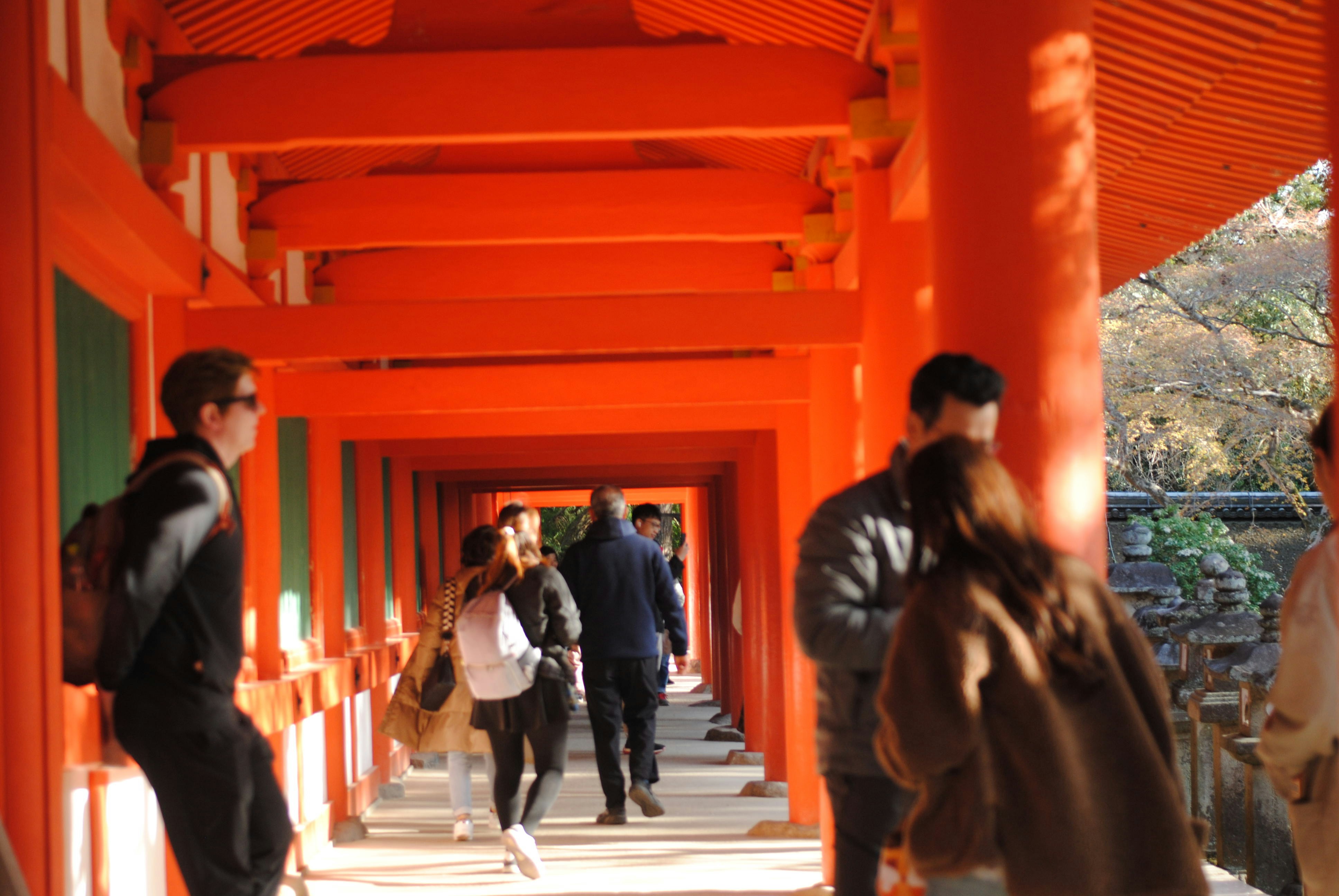 People walking through a corridor with striking red columns and beams under warm sunlight.