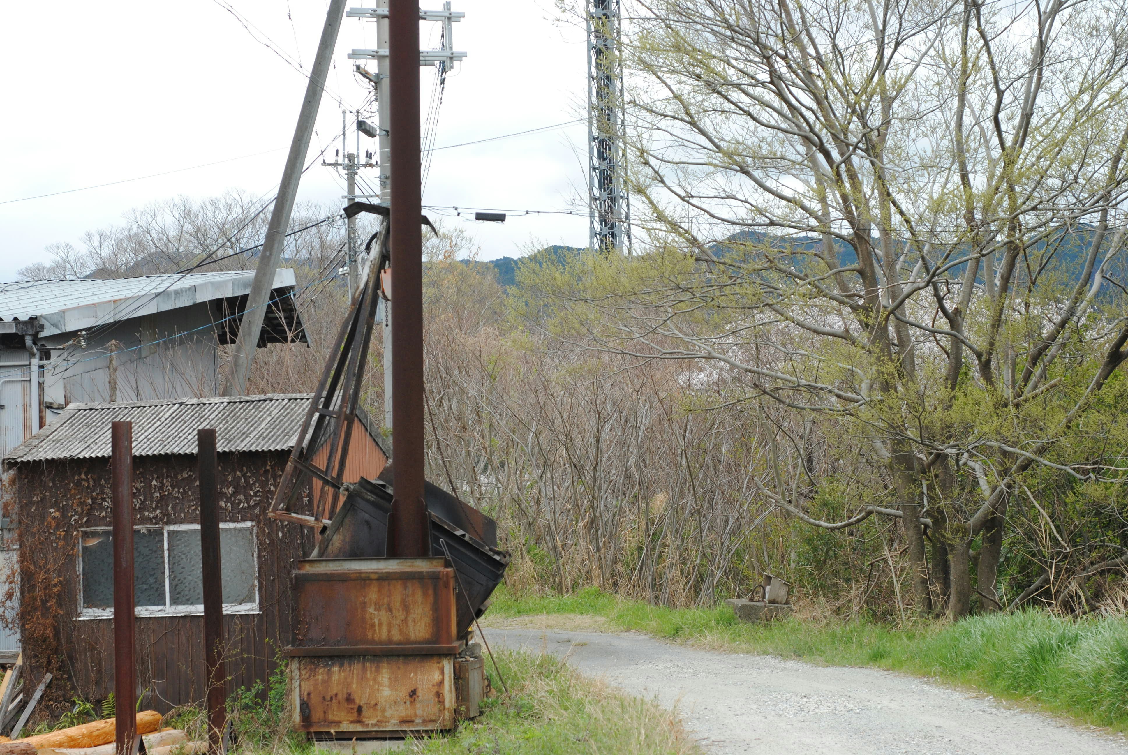 Weathered wooden building and barrels beside a narrow country road, surrounded by sparse trees and distant hills.