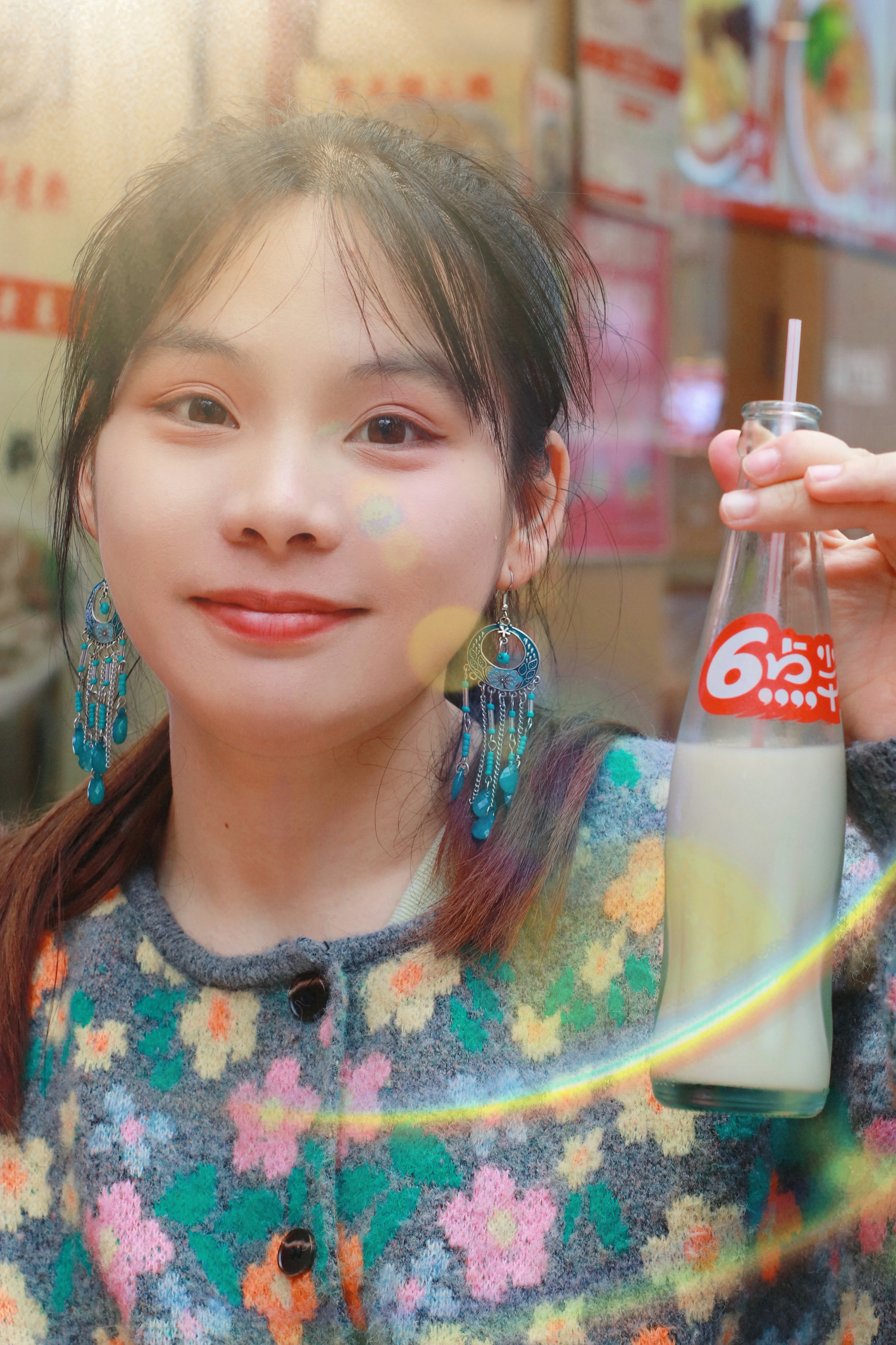 Rainbow Glass and a Gentle Smile: A Portrait in Soft Neon Light