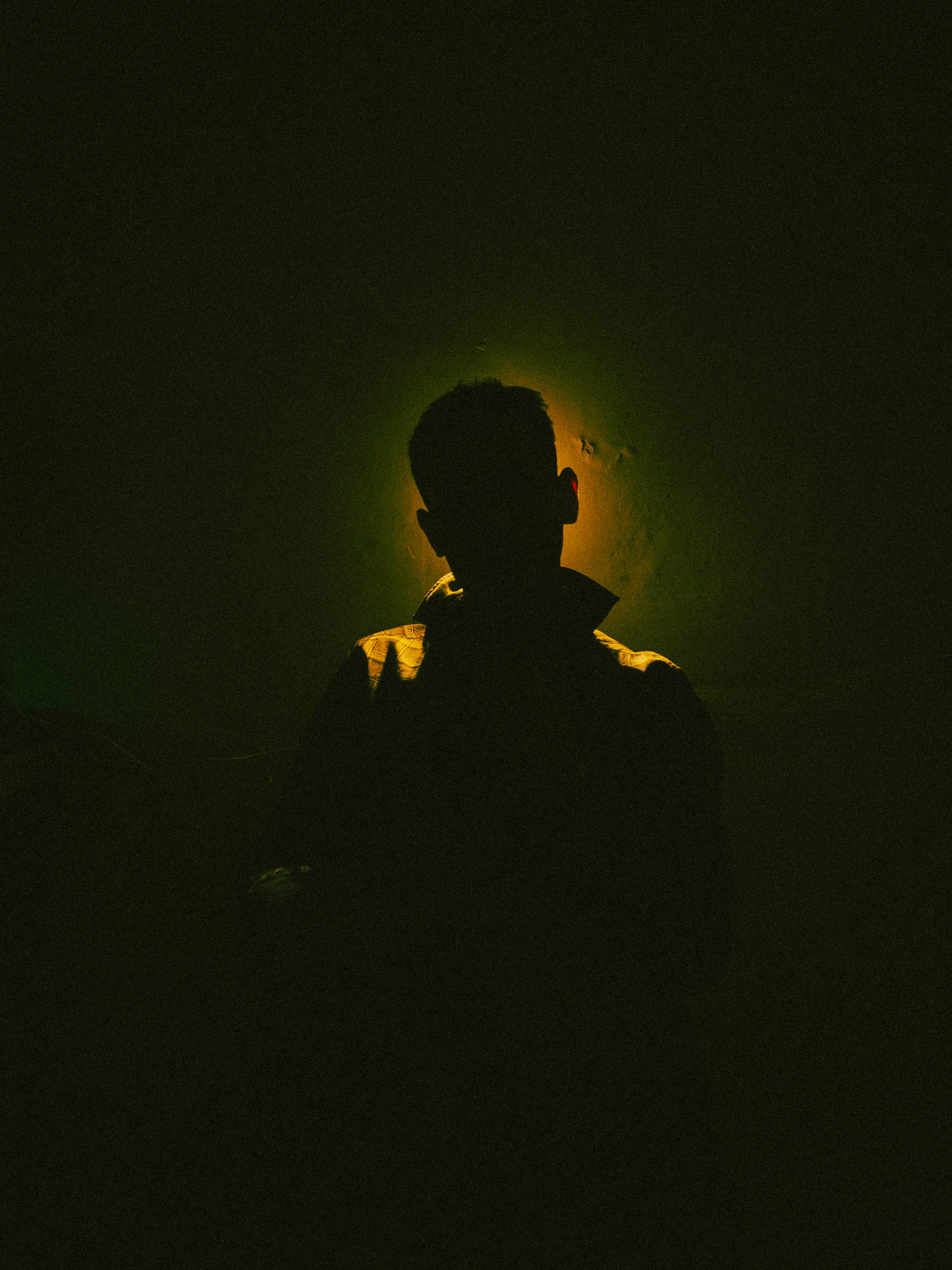 A silhouetted figure stands against a softly illuminated background, creating a mysterious ambiance. The contrast highlights the contours of the subject's jacket and hairstyle.